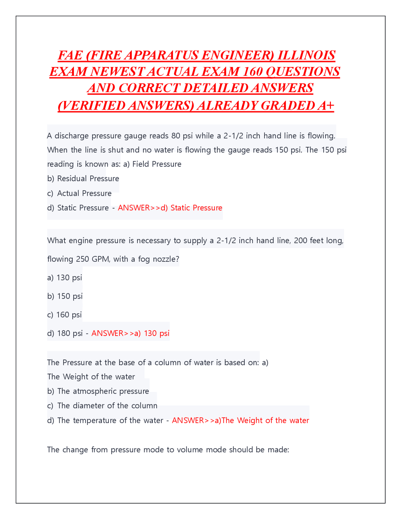 FAE (FIRE APPARATUS ENGINEER) ILLINOIS EXAM NEWEST ACTUAL EXAM 160 QUESTIONS AND CORRECT D ...