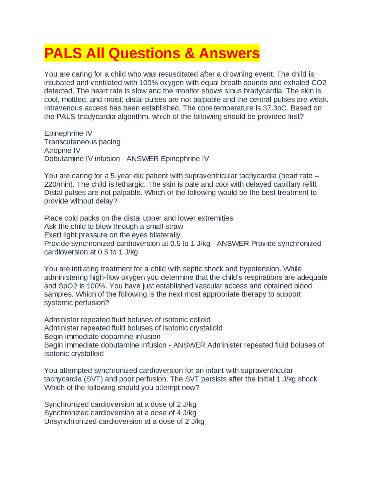 PALS (Pediatric Advanced Life Support) Questions and Answers | Exams ...