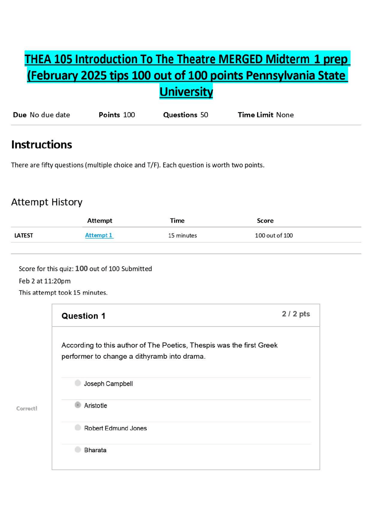 THEA 105 Introduction To The Theatre MERGED Midterm 1 prep (February 2025 tips 100 out of ...
