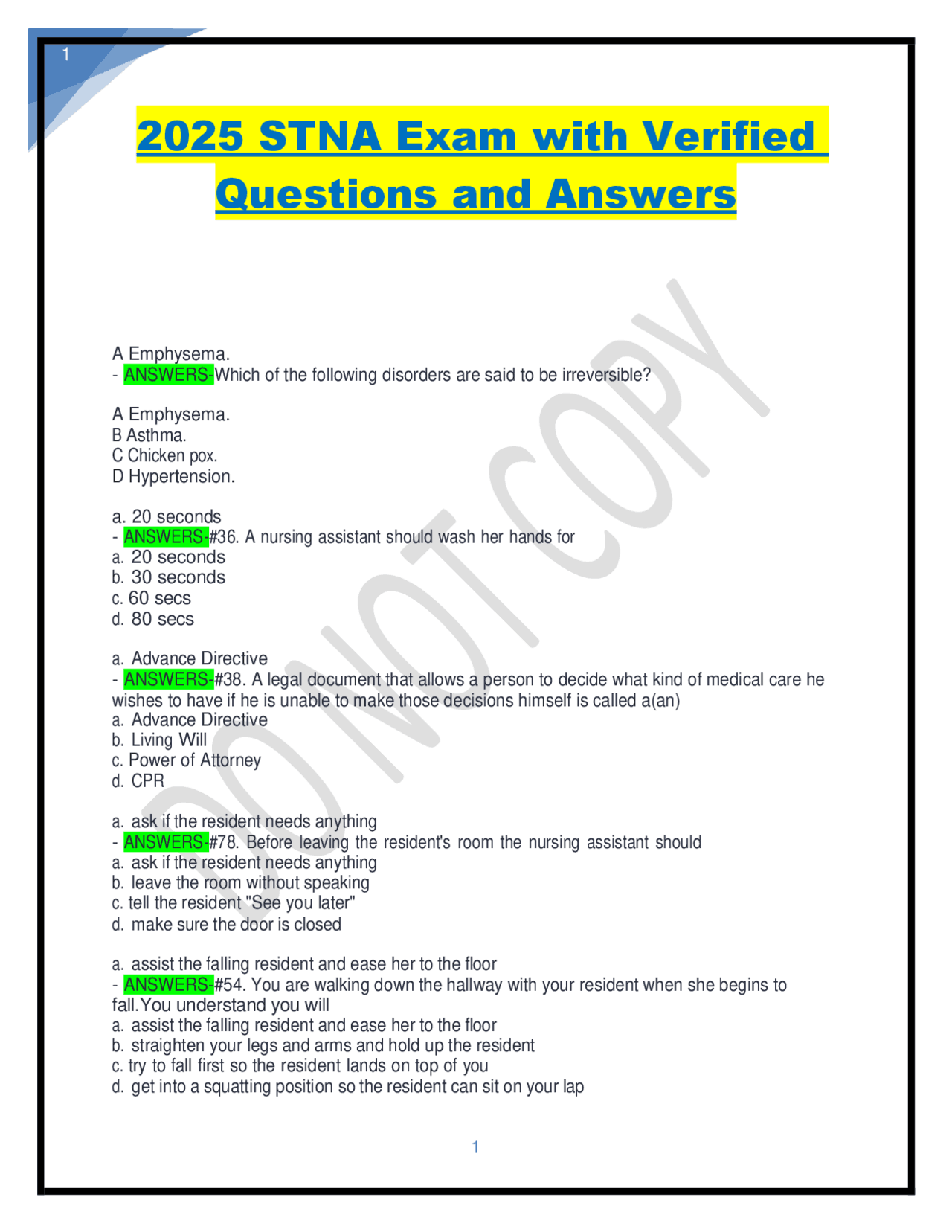 STNA Exam Questions and Answers | Exams Nursing | Docsity