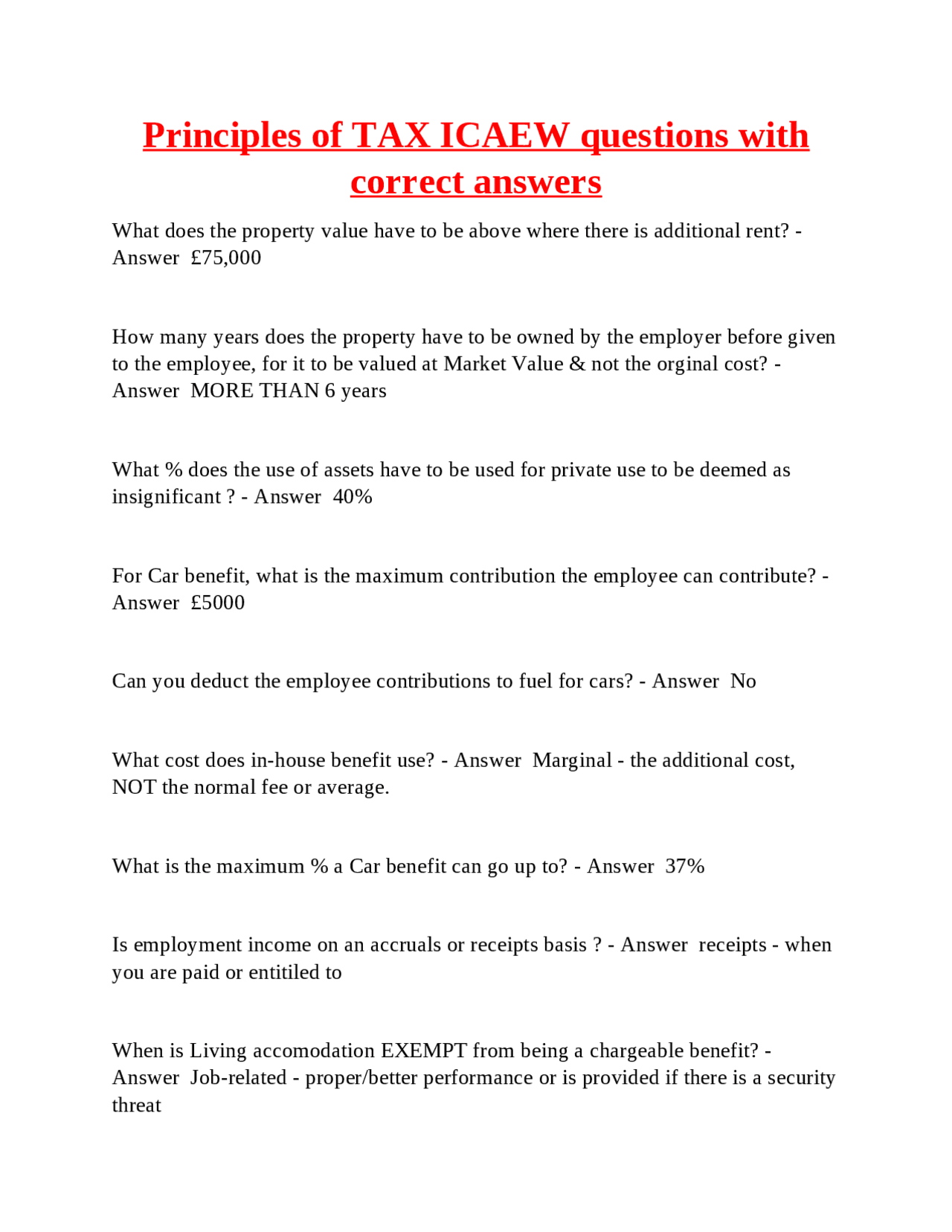 Principles of TAX ICAEW: Questions and Answers | Exams Nursing | Docsity