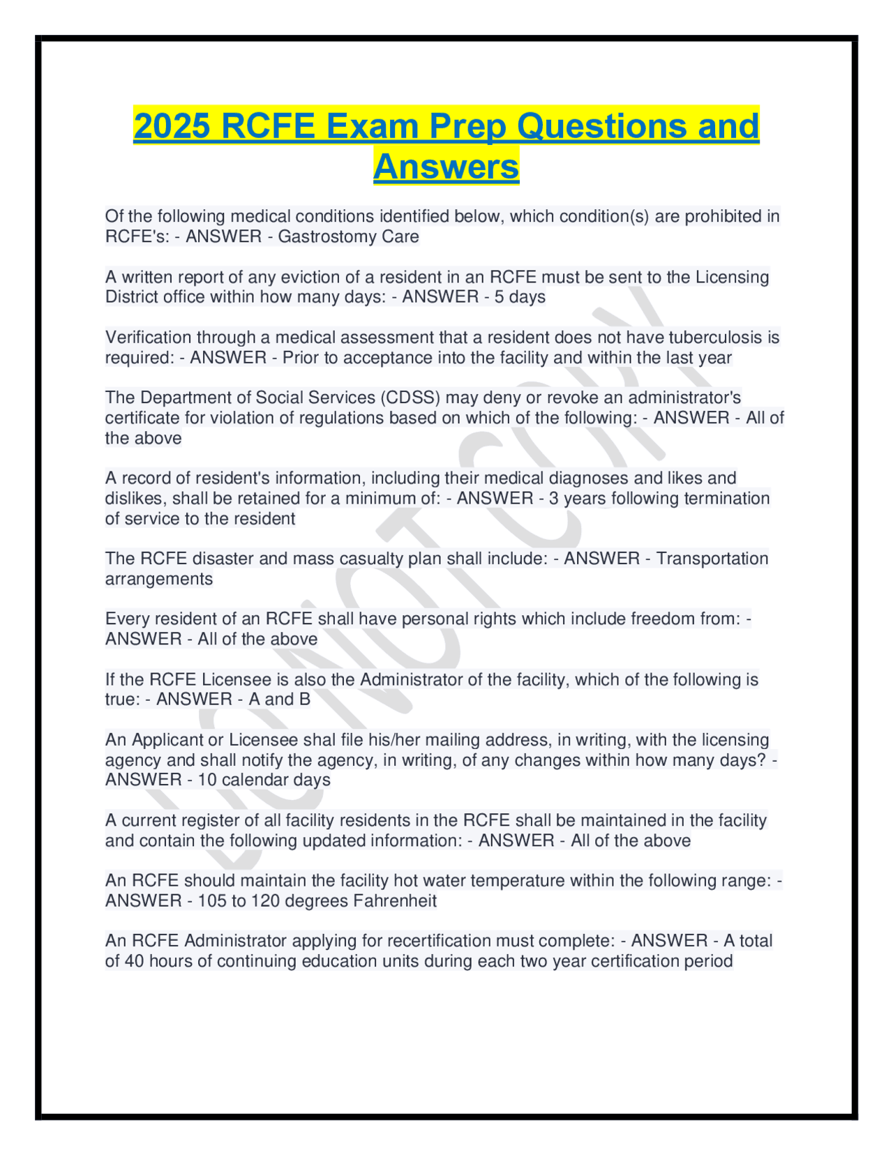 RCFE Exam Prep Questions and Answers: A Comprehensive Guide for ...