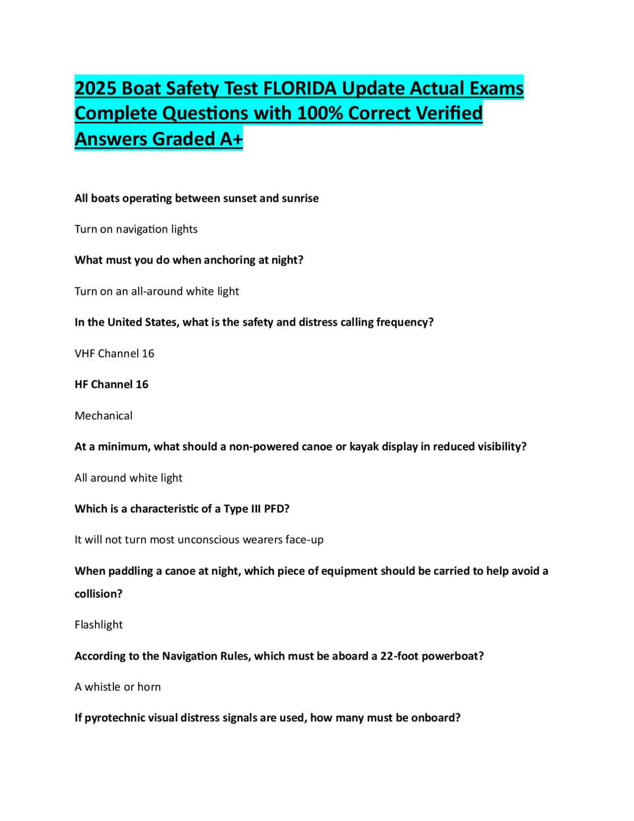 2025 Boat Safety Test FLORIDA Update Actual Exams Complete Questions ...
