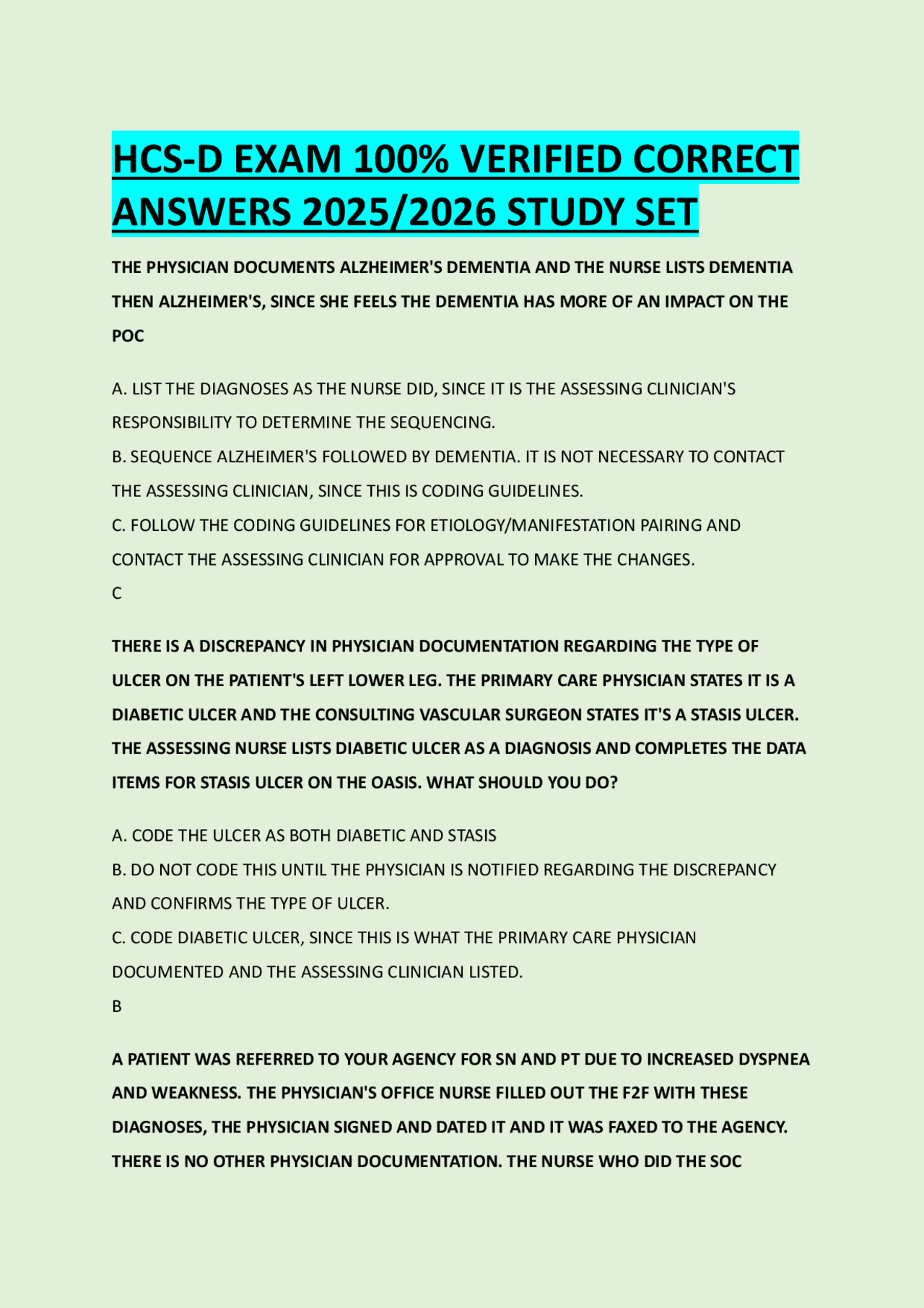 HCS-D EXAM 100% VERIFIED CORRECT ANSWERS 2025/2026 STUDY SET | Exams ...
