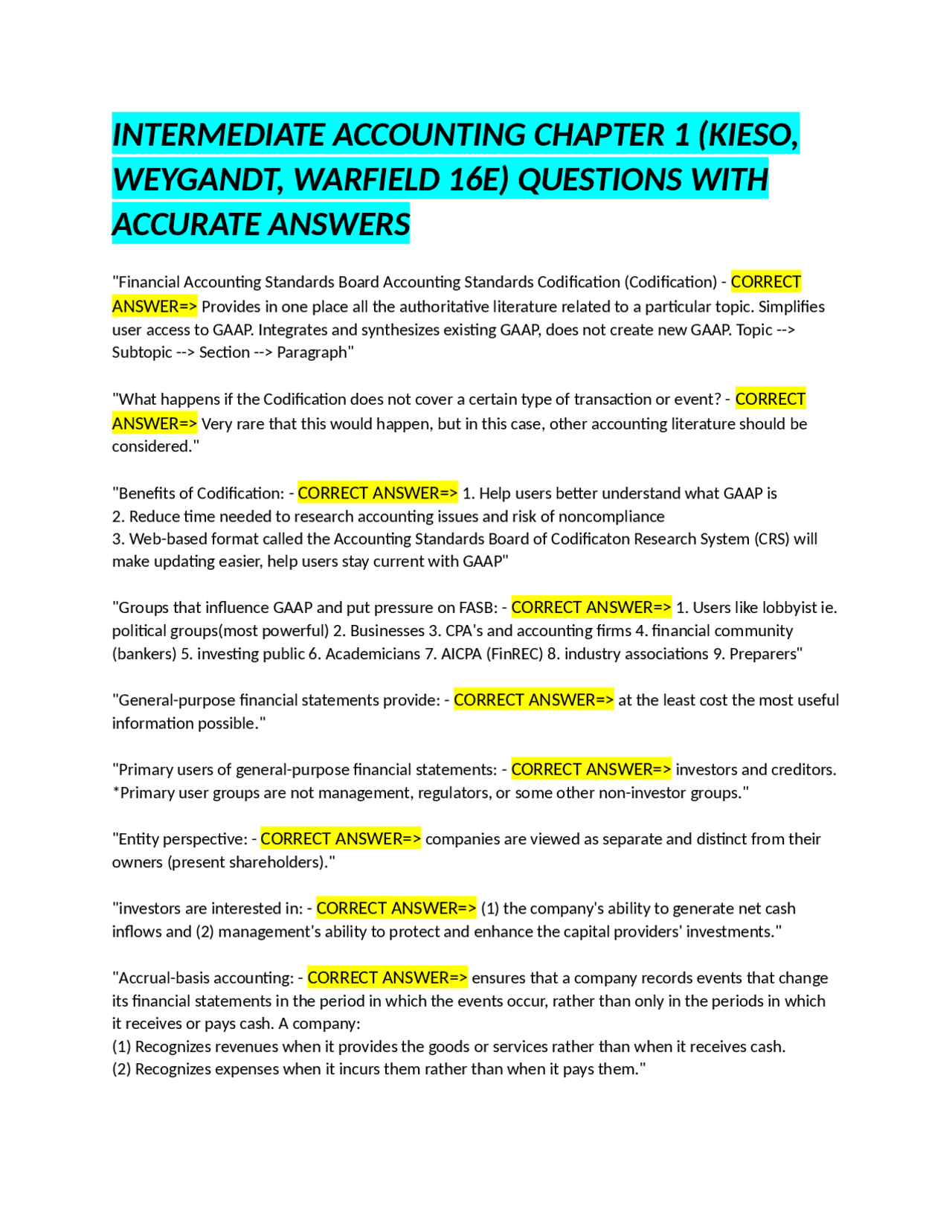 INTERMEDIATE ACCOUNTING CHAPTER 1 (KIESO, WEYGANDT, WARFIELD 16E) QUESTIONS | Quizzes Financial ...