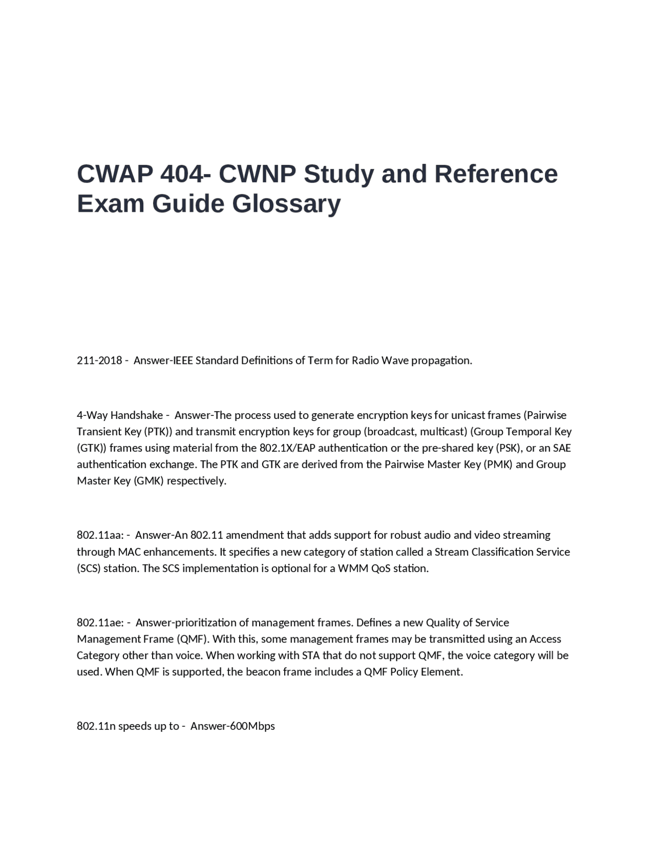 CWNP Study and Reference Exam Guide Glossary | Exams Nursing | Docsity