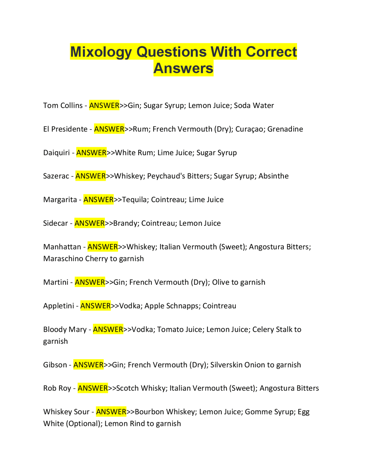 Mixology Questions With Correct Answers | Exams Nursing | Docsity
