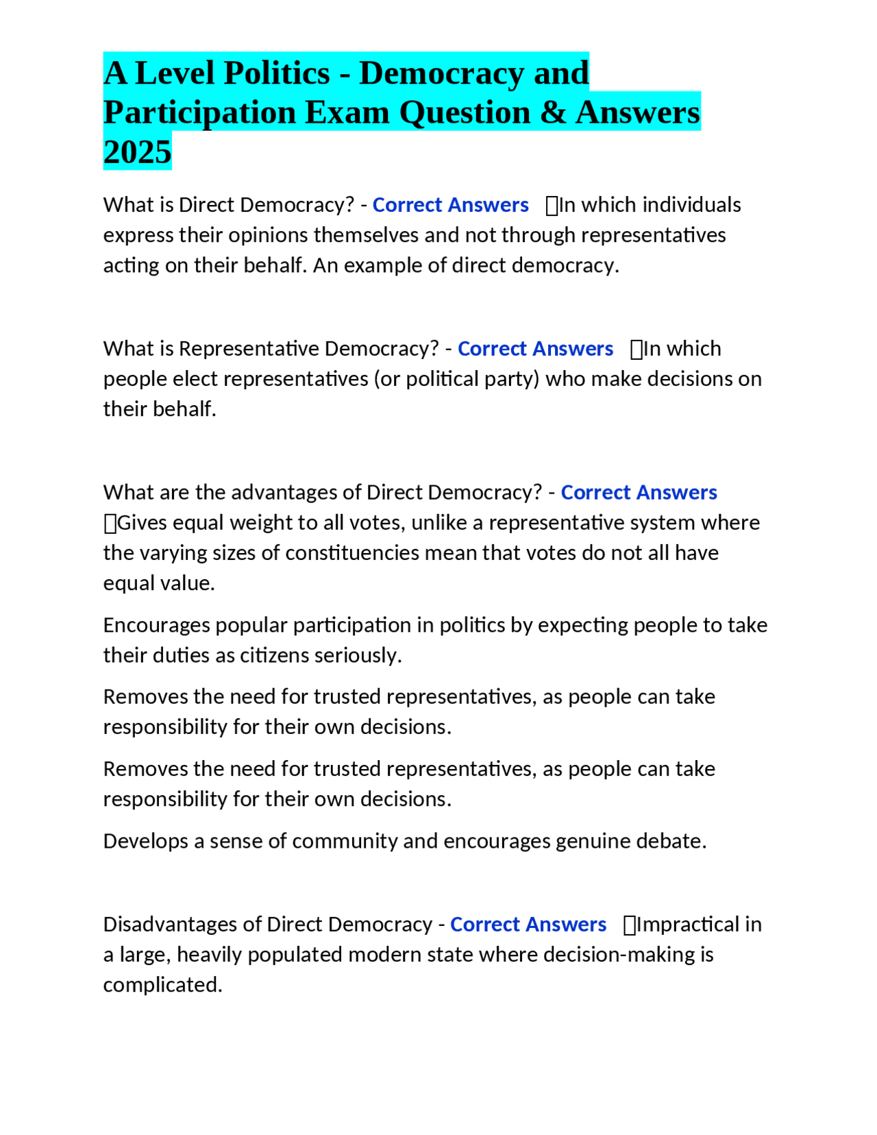 A Level Politics - Democracy and Participation: Exam Questions and ...