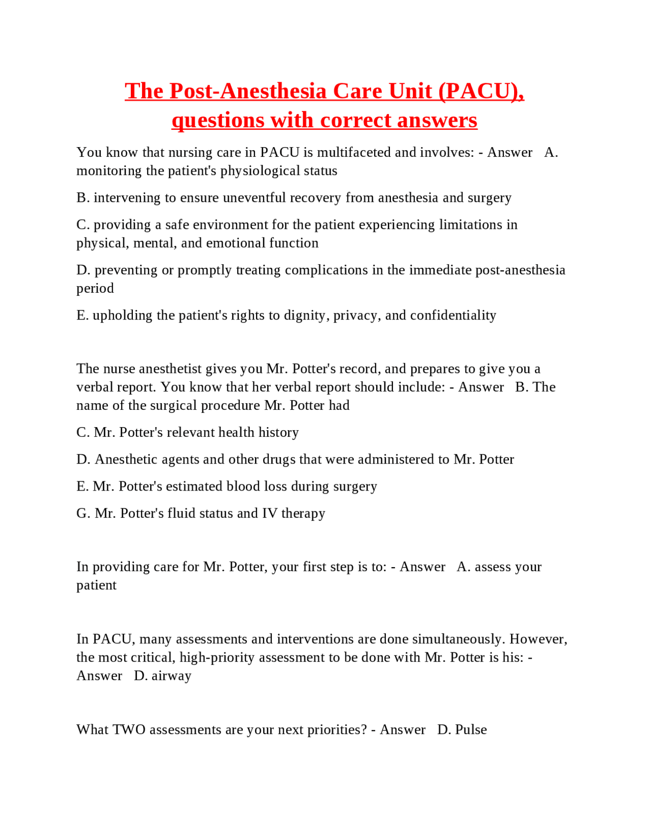 Post-Anesthesia Care Unit (PACU) Nursing: Questions and Answers | Exams ...