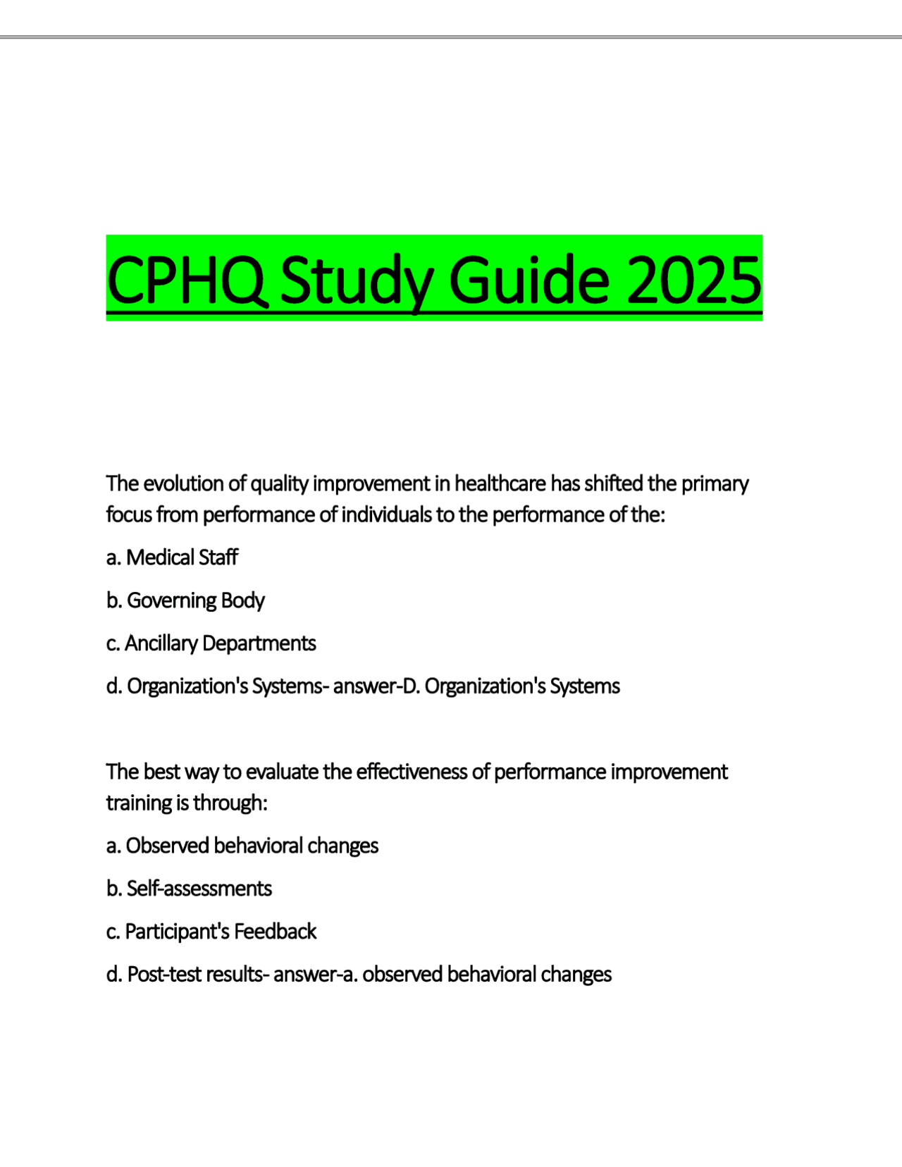 CPHQ Study Guide 2025: Multiple Choice Questions and Answers | Exams ...
