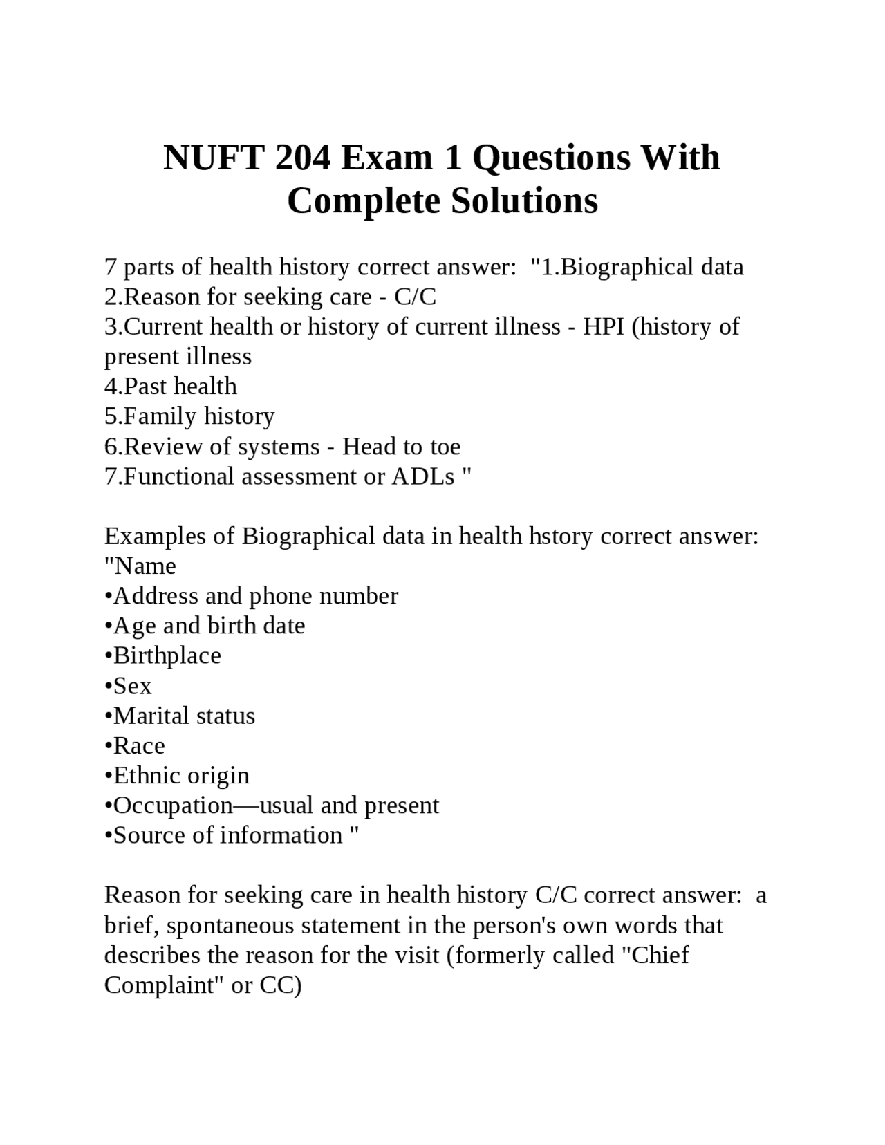 NUFT 204 Exam 1 Questions With Complete Solutions | Exams Nursing | Docsity