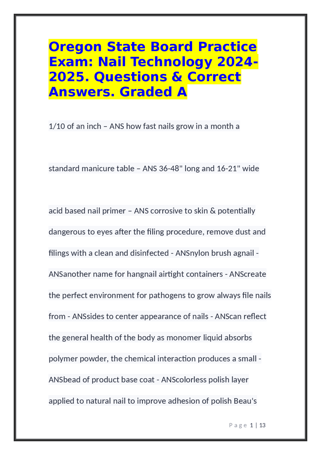 Oregon State Board Practice Exam: Nail Technology 2024-2025. Questions ...
