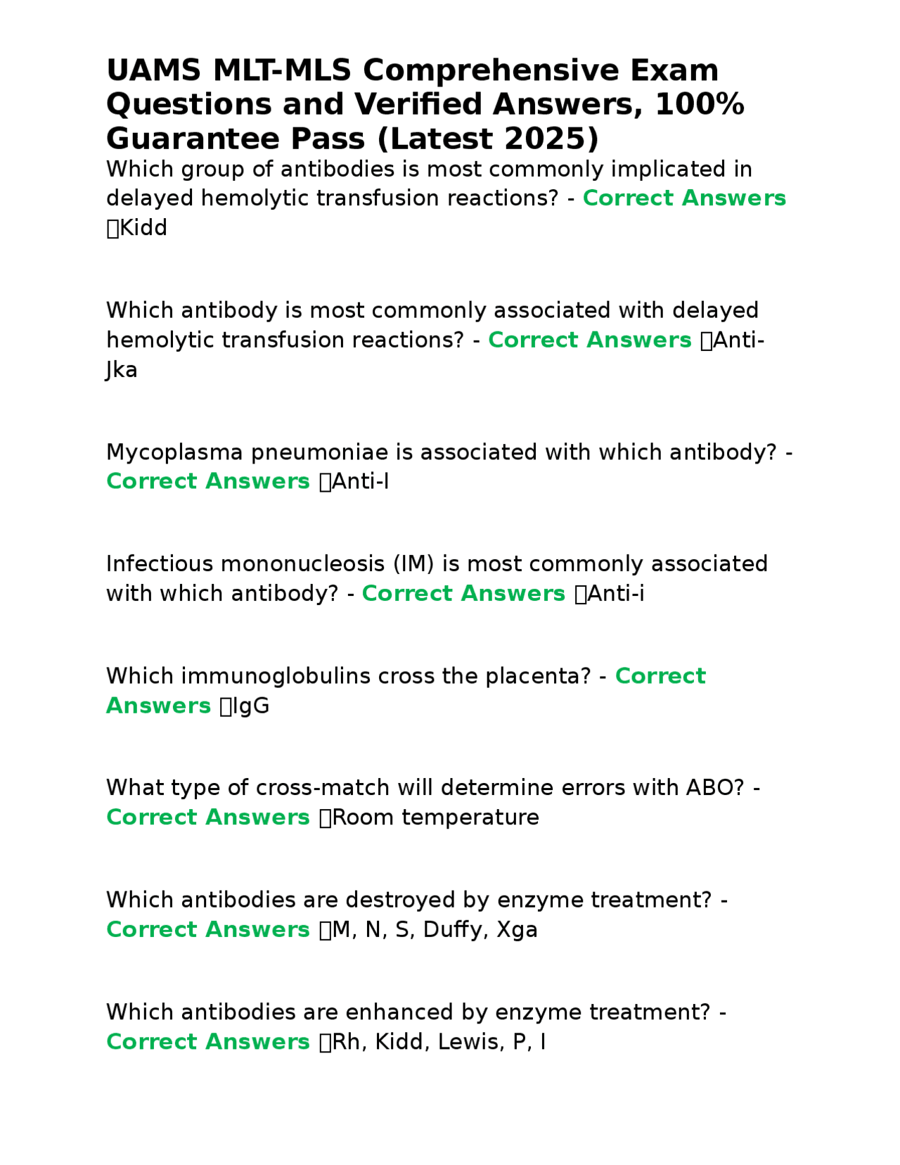 UAMS MLT-MLS Comprehensive Exam Questions and Verified Answers, 100% ...