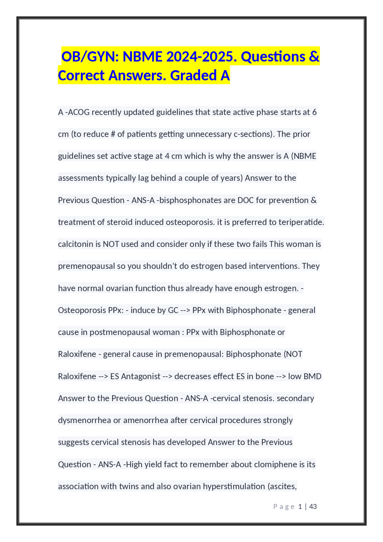OB/GYN: NBME 2024-2025 Questions & Correct Answers | Exams Health ...