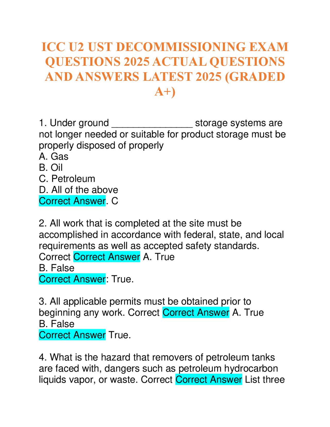 ICC U2 UST Decommissioning Exam Questions and Answers | Exams Nursing | Docsity