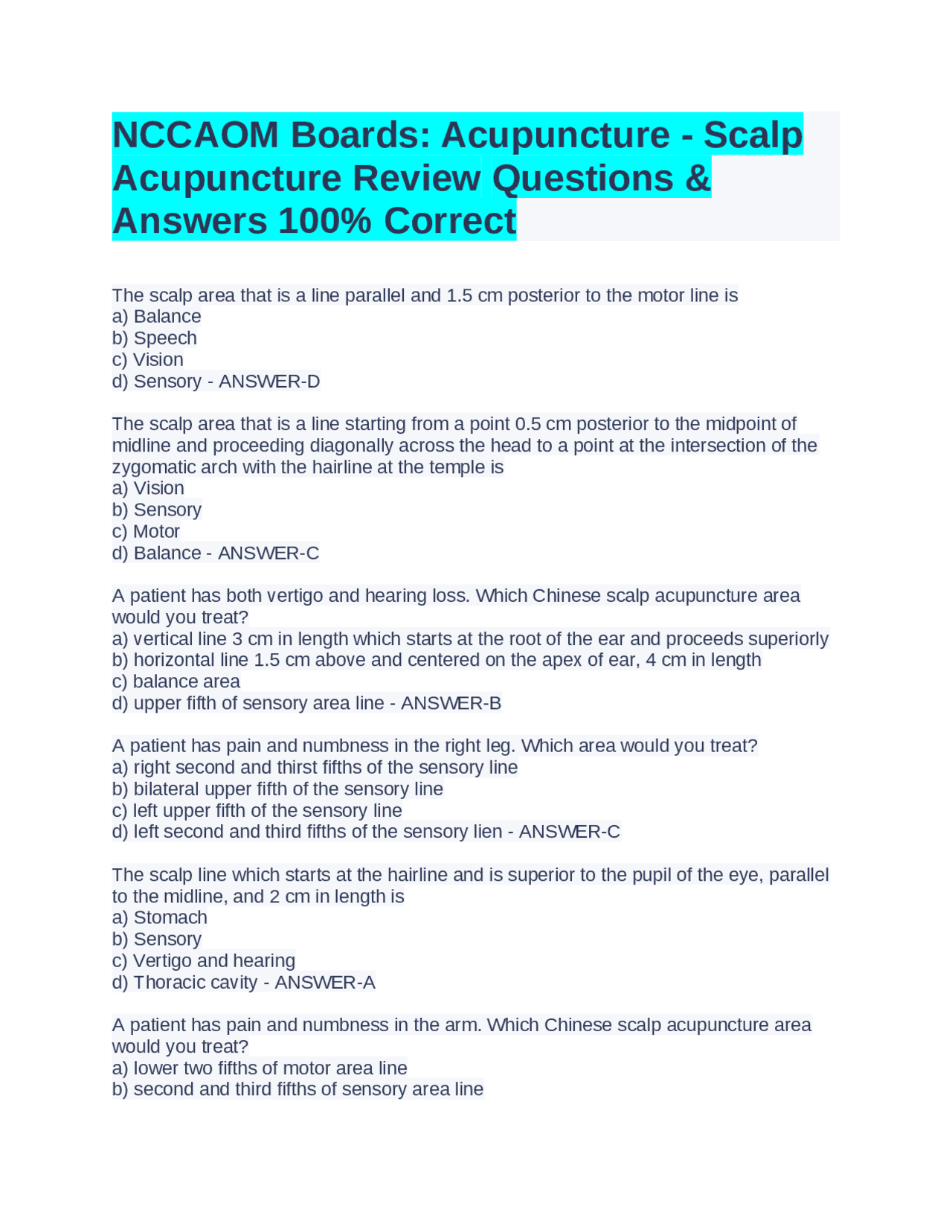 NCCAOM Boards: Acupuncture - Scalp Review Questions and Answers | Exams ...