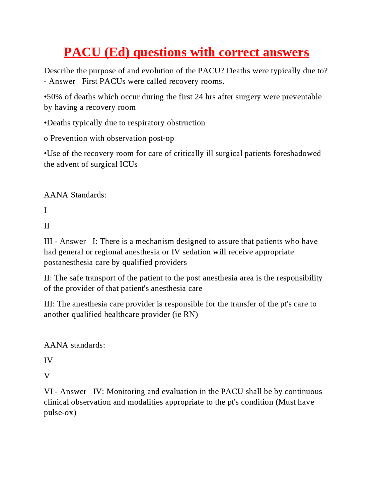 Post Anesthesia Care Unit (PACU) Questions and Answers | Exams Nursing ...