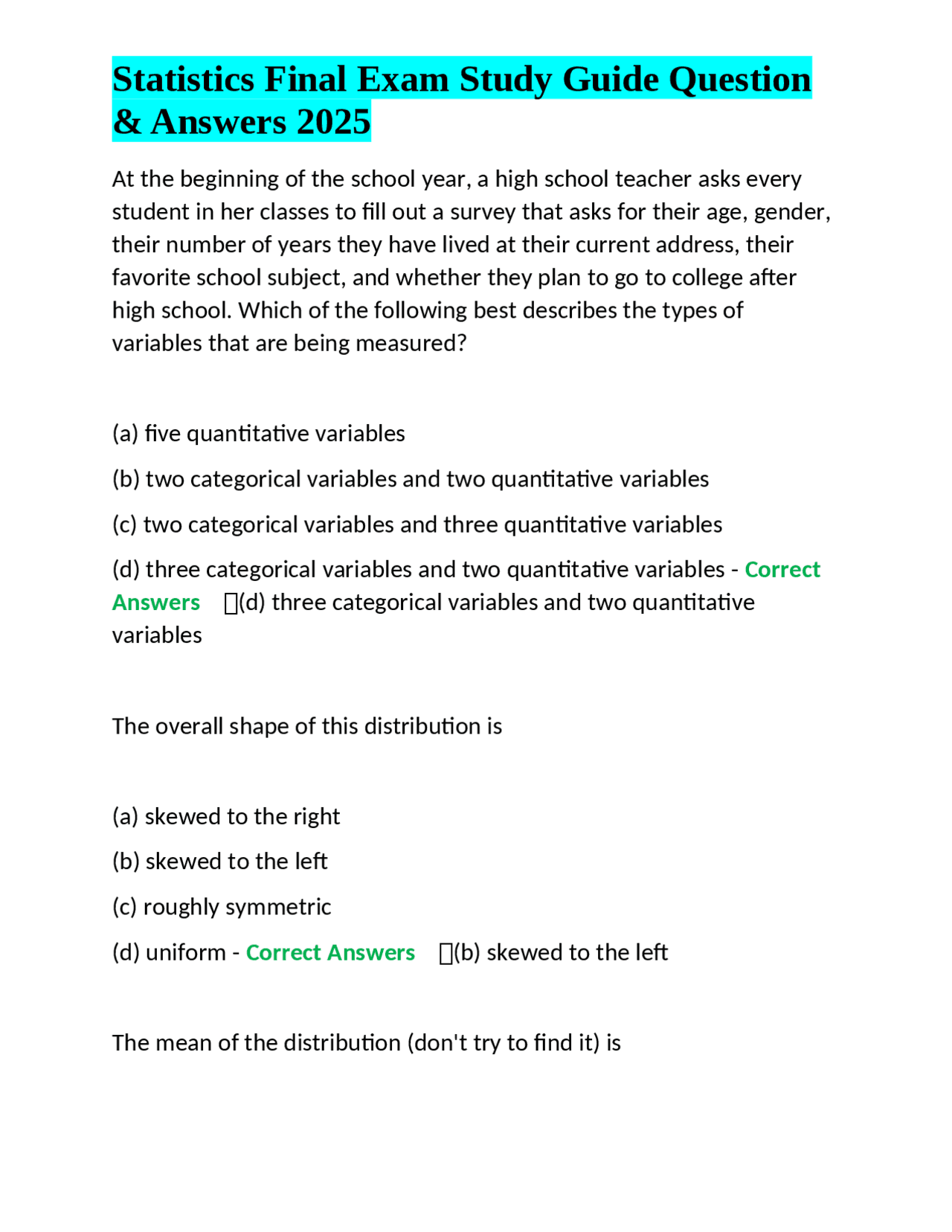 Statistics Final Exam Study Guide Question & Answers 2025 | Exams Nursing | Docsity