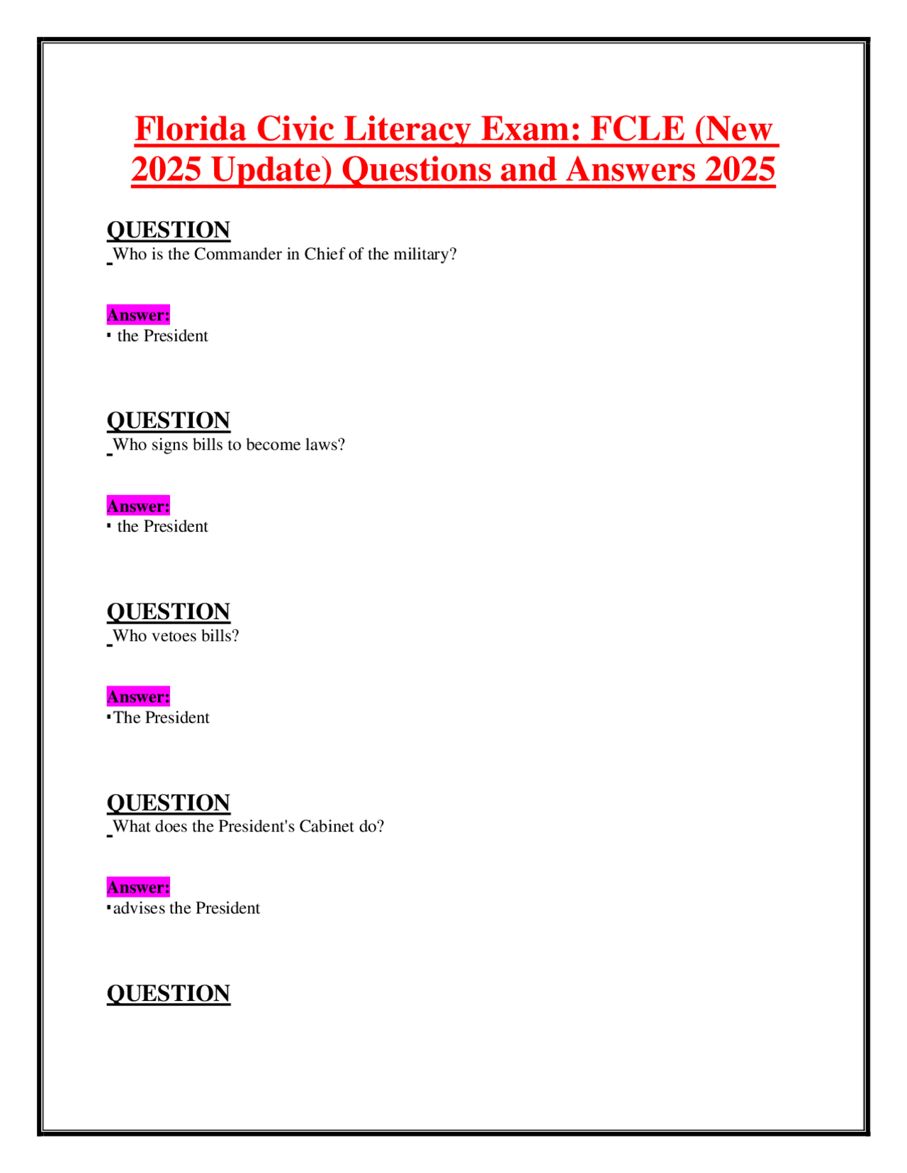 Florida Civic Literacy Exam (FCLE) Questions and Answers 2025 | Exams ...