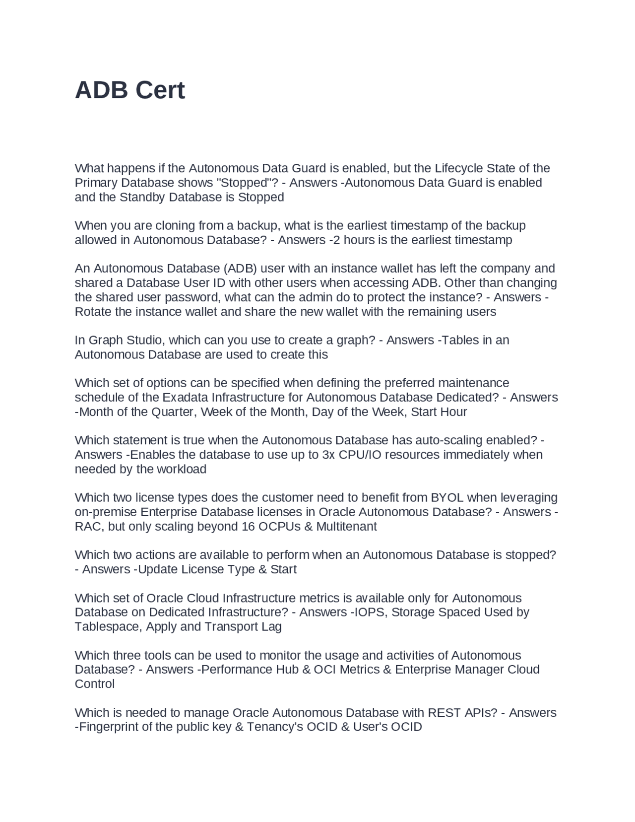 Oracle Autonomous Database: Questions and Answers | Exams Business Systems | Docsity