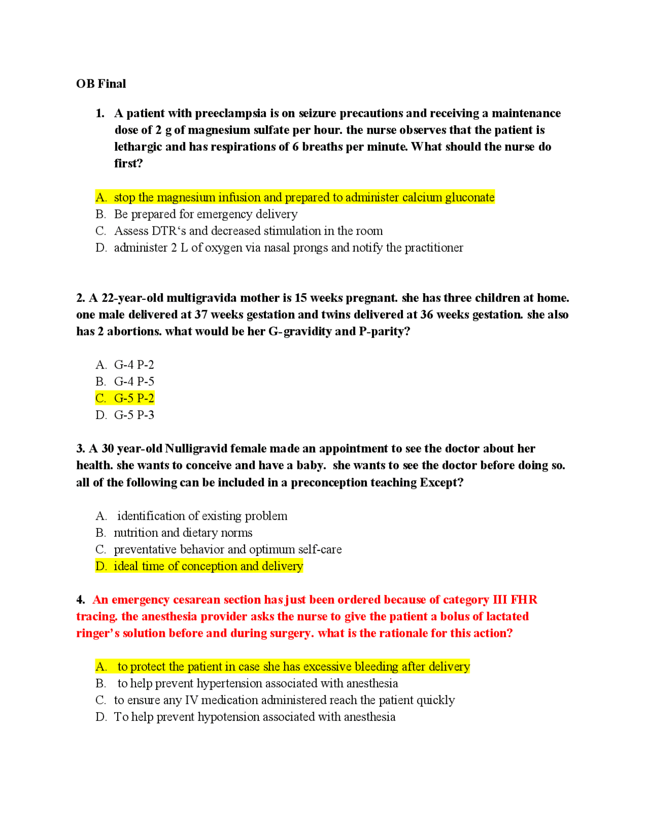 Obstetrics Practice Questions and Answers | Exams Nursing | Docsity