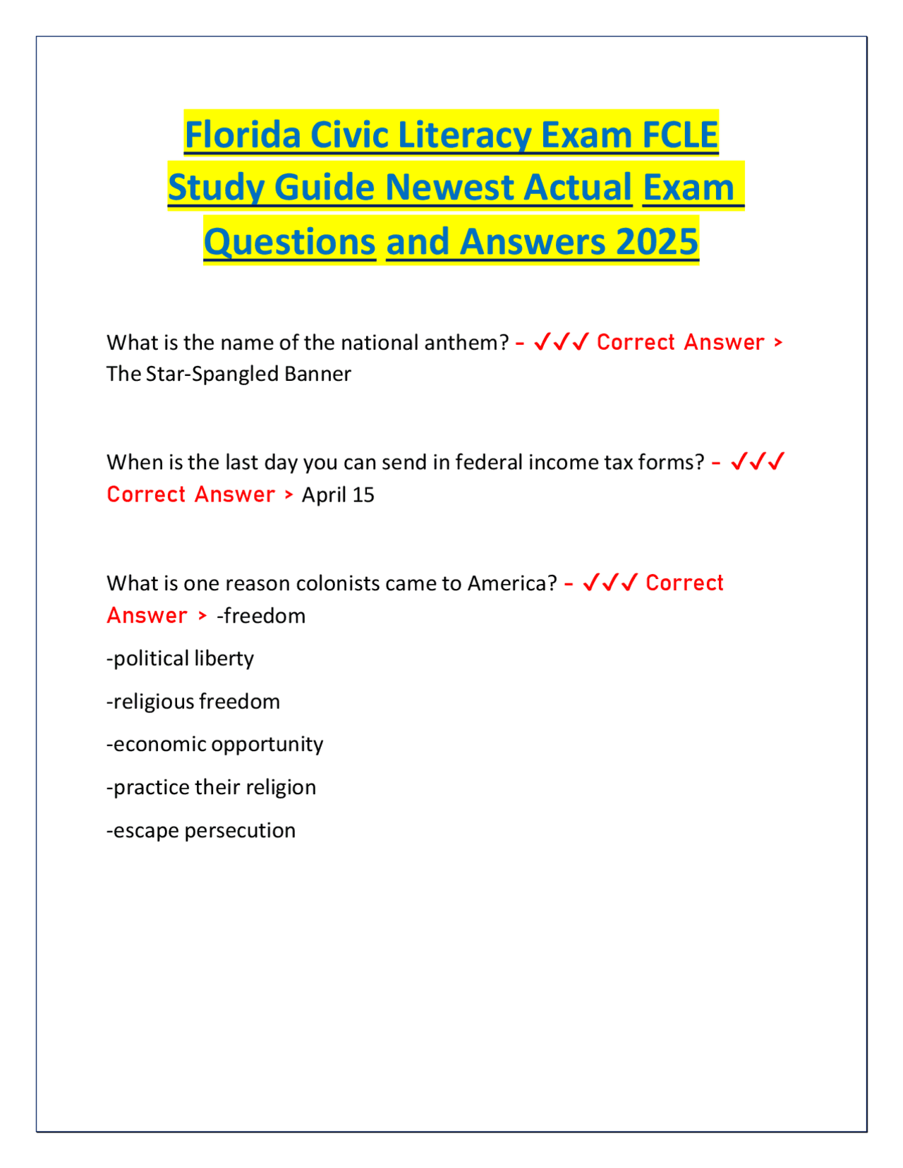 Florida Civic Literacy Exam (FCLE) Study Guide: Questions and Answers ...