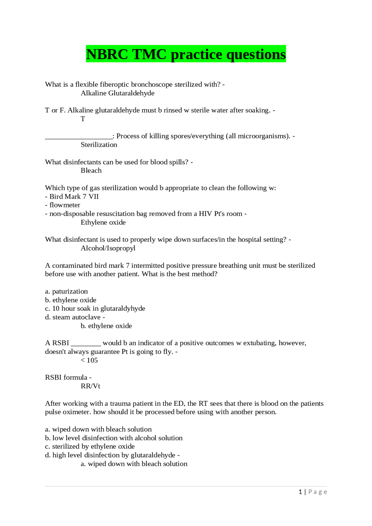 NBRC TMC Practice Questions: Respiratory Therapy | Exams Nursing | Docsity