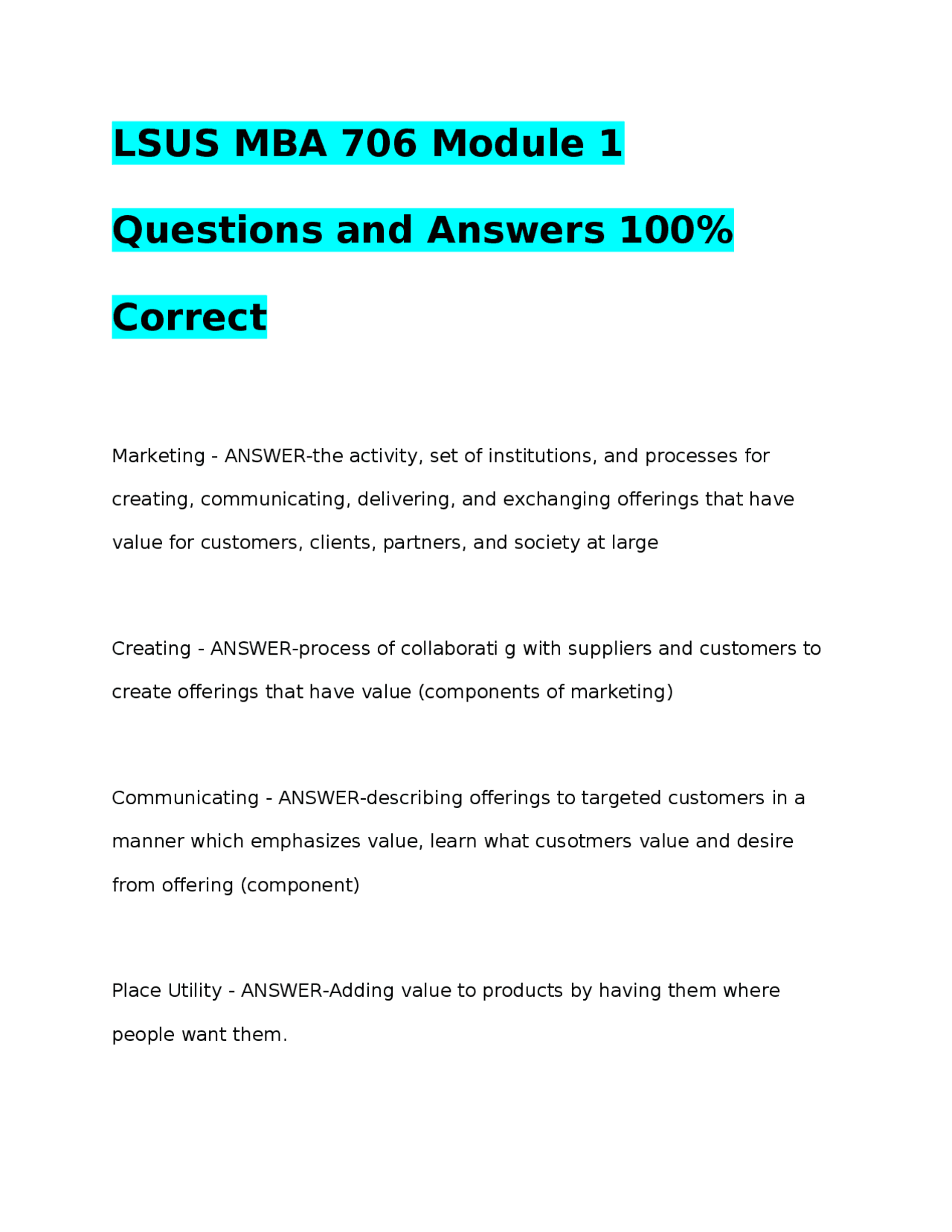 LSUS MBA 706 Module 1 Questions and Answers 100% Correct | Exams ...