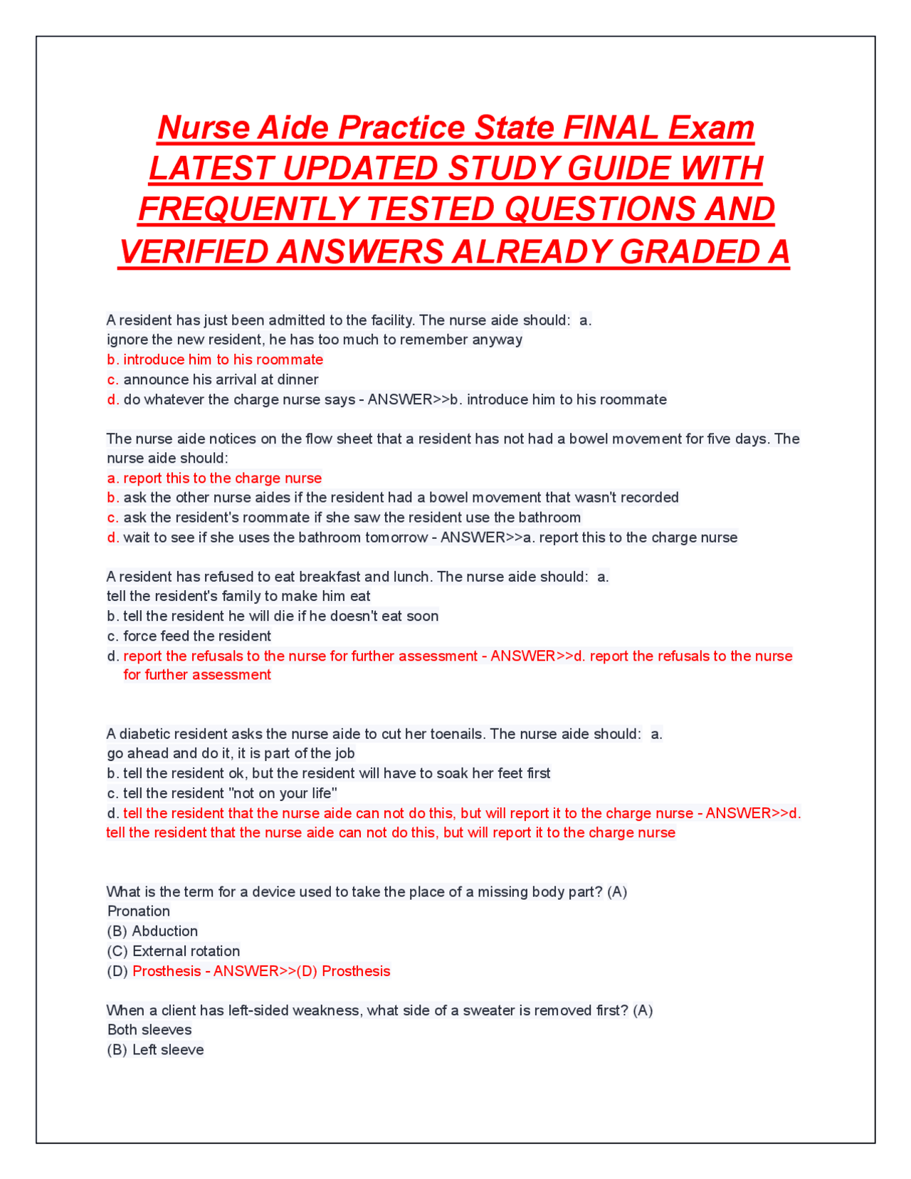 Nurse Aide Practice State FINAL Exam Study Guide | Exams Nursing | Docsity