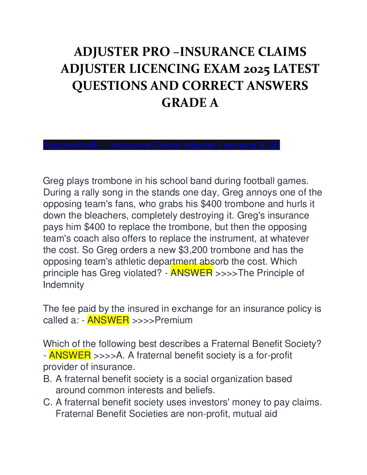 Insurance Claims Adjuster Licensing Exam Questions and Answers | Exams ...