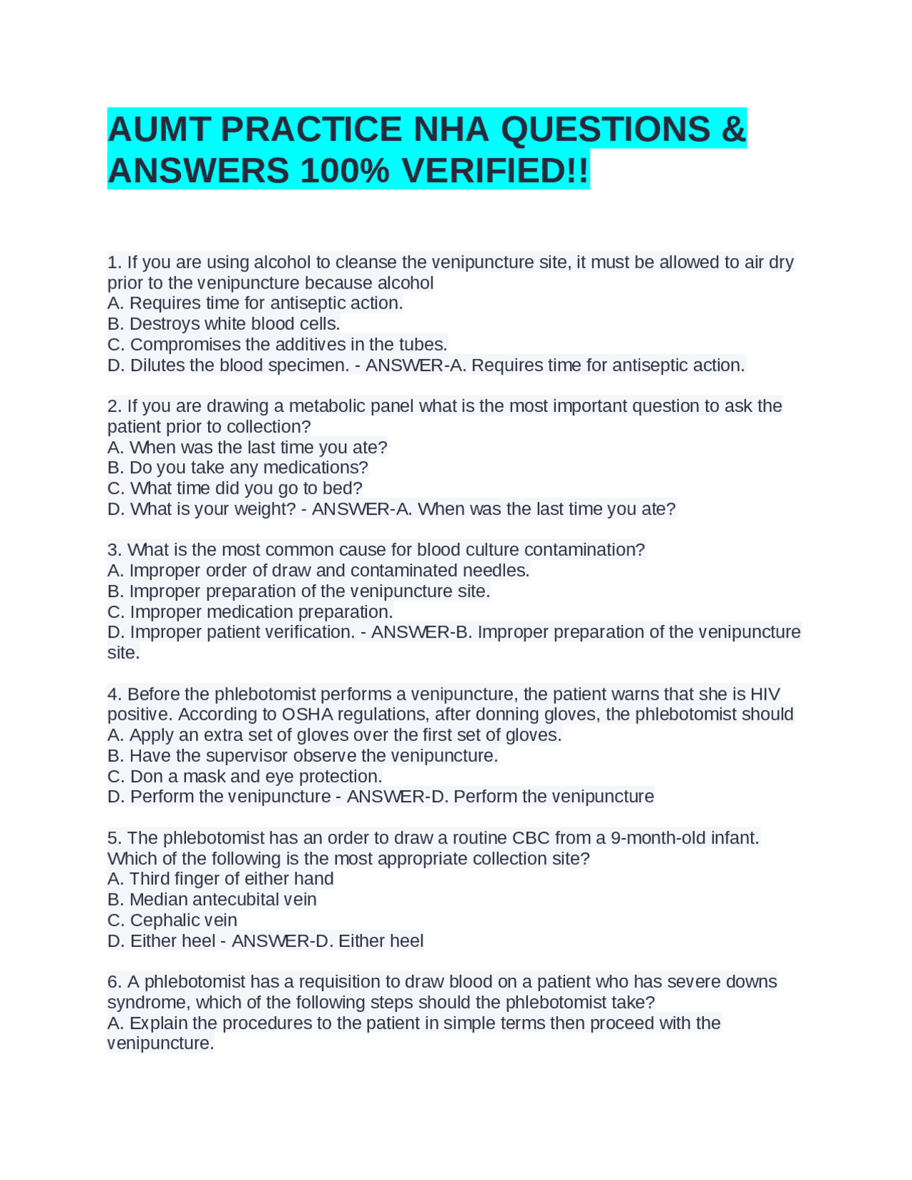 AUMT PRACTICE NHA QUESTIONS & ANSWERS 100% VERIFIED!! | Exams Health ...