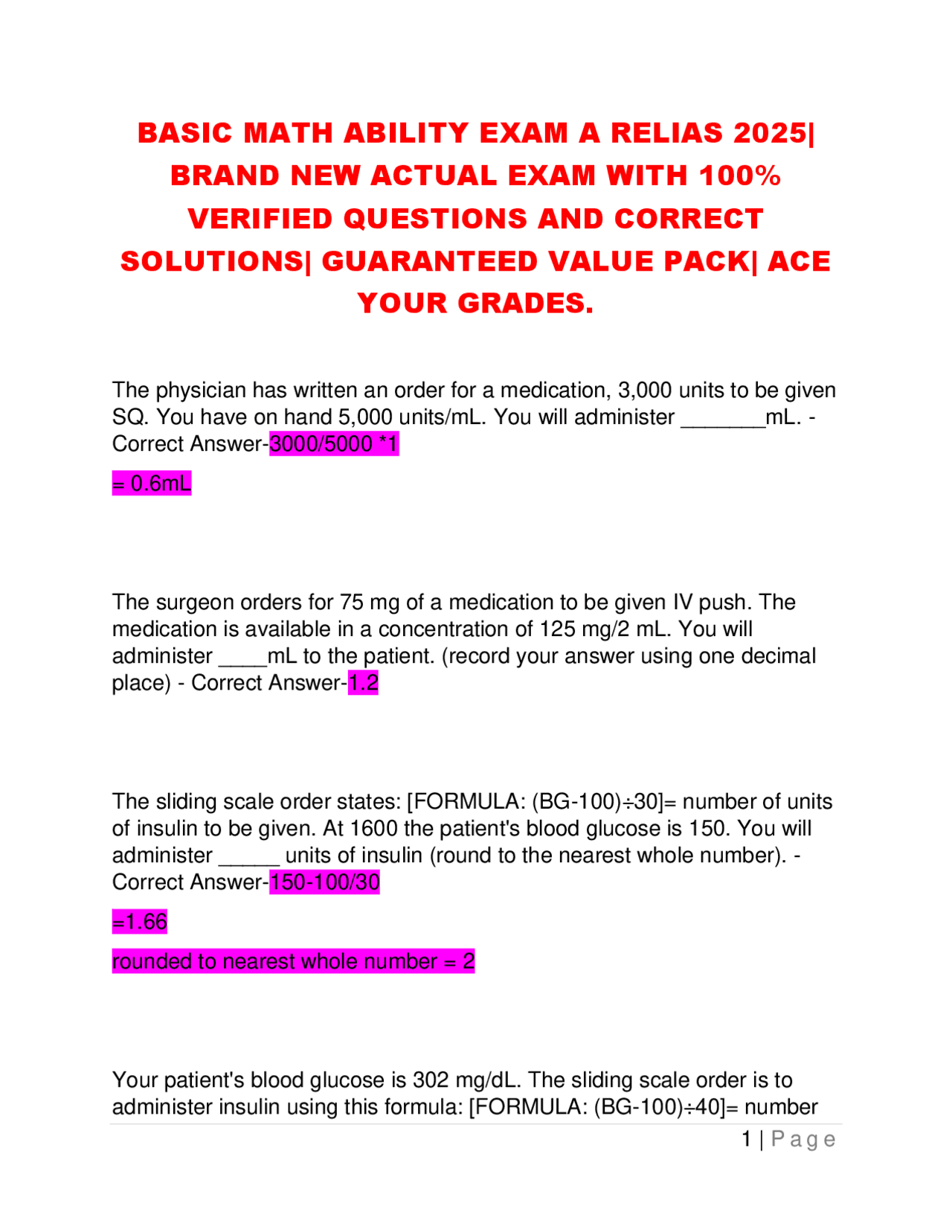 BASIC MATH ABILITY EXAM A RELIAS 2025| BRAND NEW ACTUAL EXAM. | Exams ...