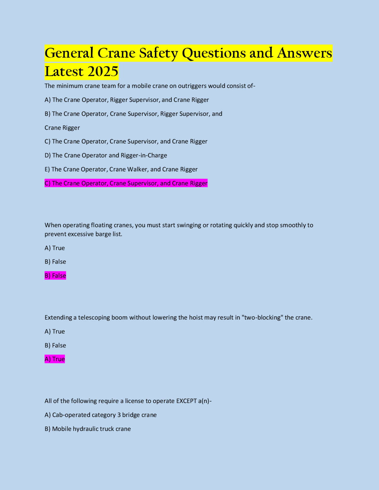 Crane Safety: Multiple Choice Questions and Answers | Exams Nursing ...