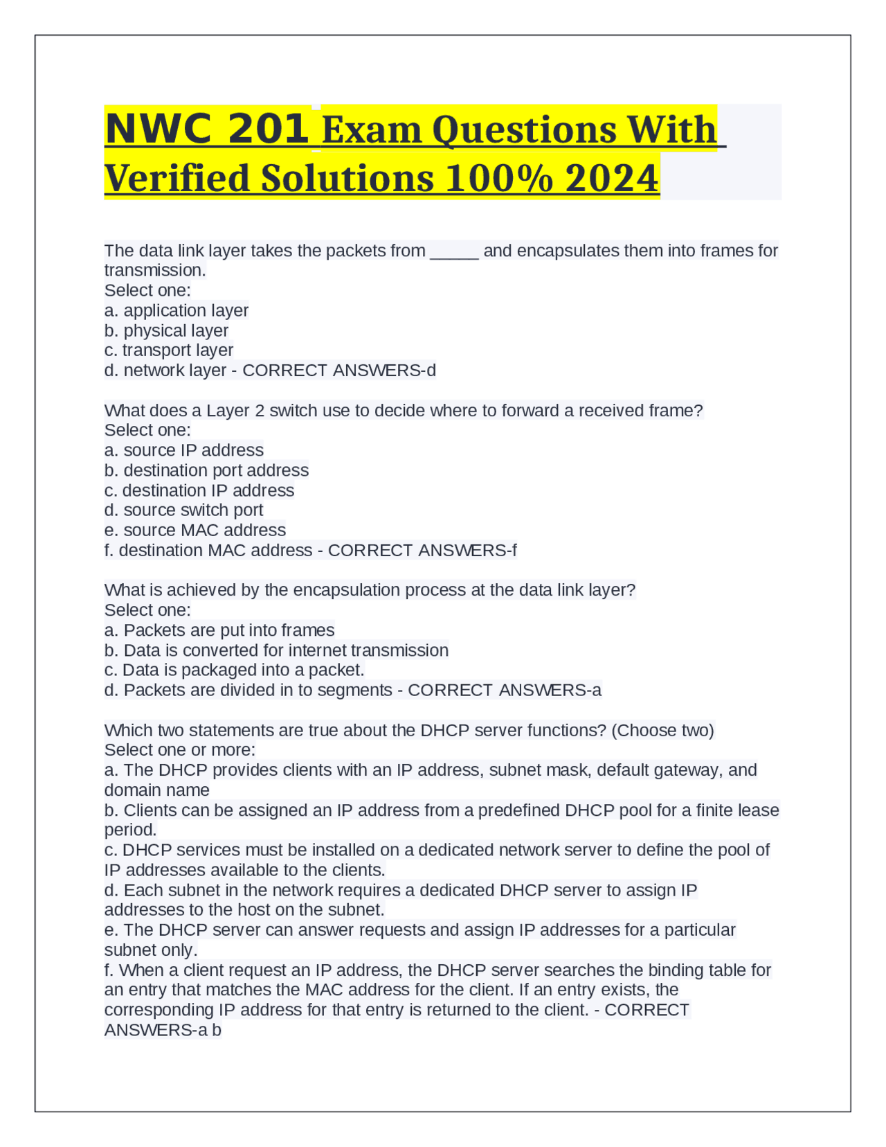 Networking Exam Questions with Verified Solutions | Exams Advanced Education | Docsity