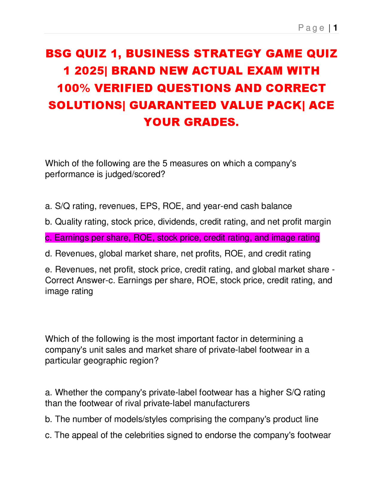 BSG QUIZ 1, BUSINESS STRATEGY GAME QUIZ 1 2025| BRAND NEW ACTUAL EXAM ...