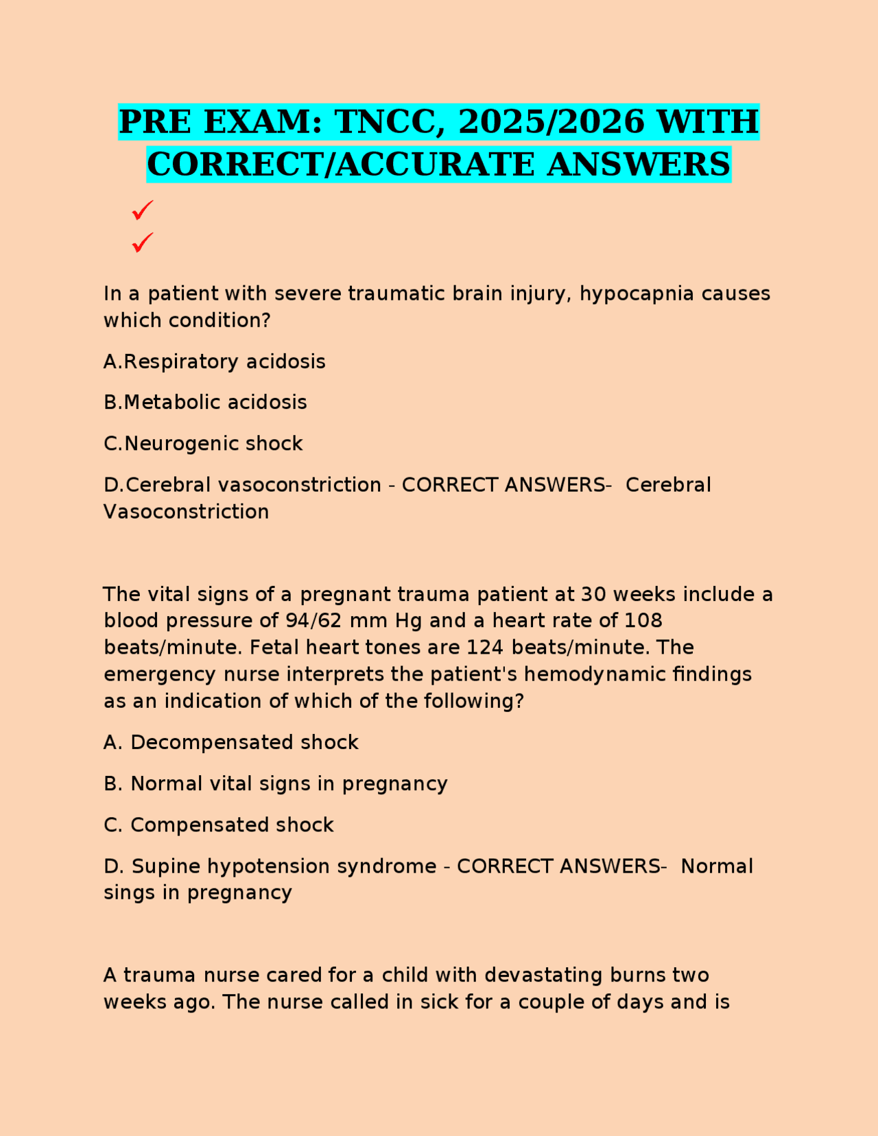 PRE EXAM: TNCC, 2025/2026 WITH CORRECT/ACCURATE ANSWERS | Exams ...