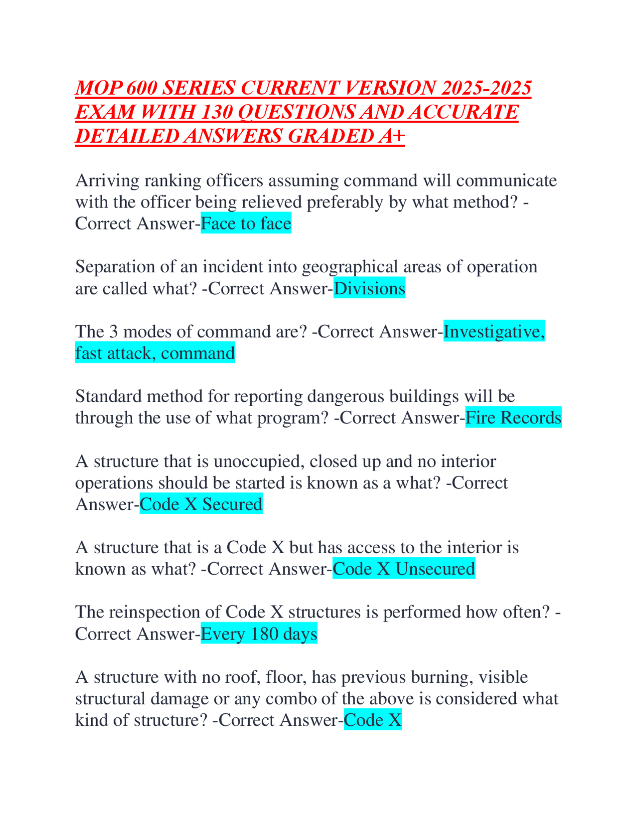 MOP 600 SERIES QUESTIONS AND ACCURATE VERIFIED ANSWERS.pdf | Exams ...