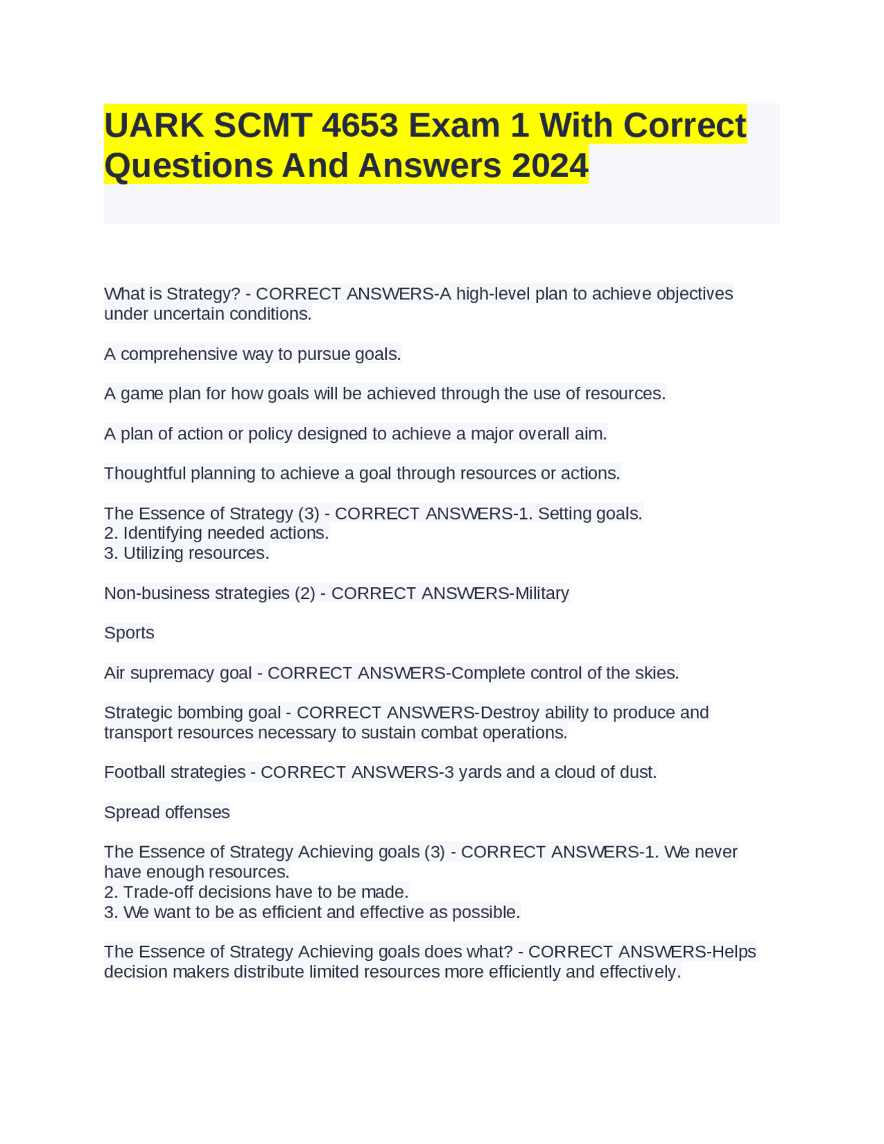 Uark Scmt 4653 Exam 1 With Correct Questions And Answers 2024 Exams