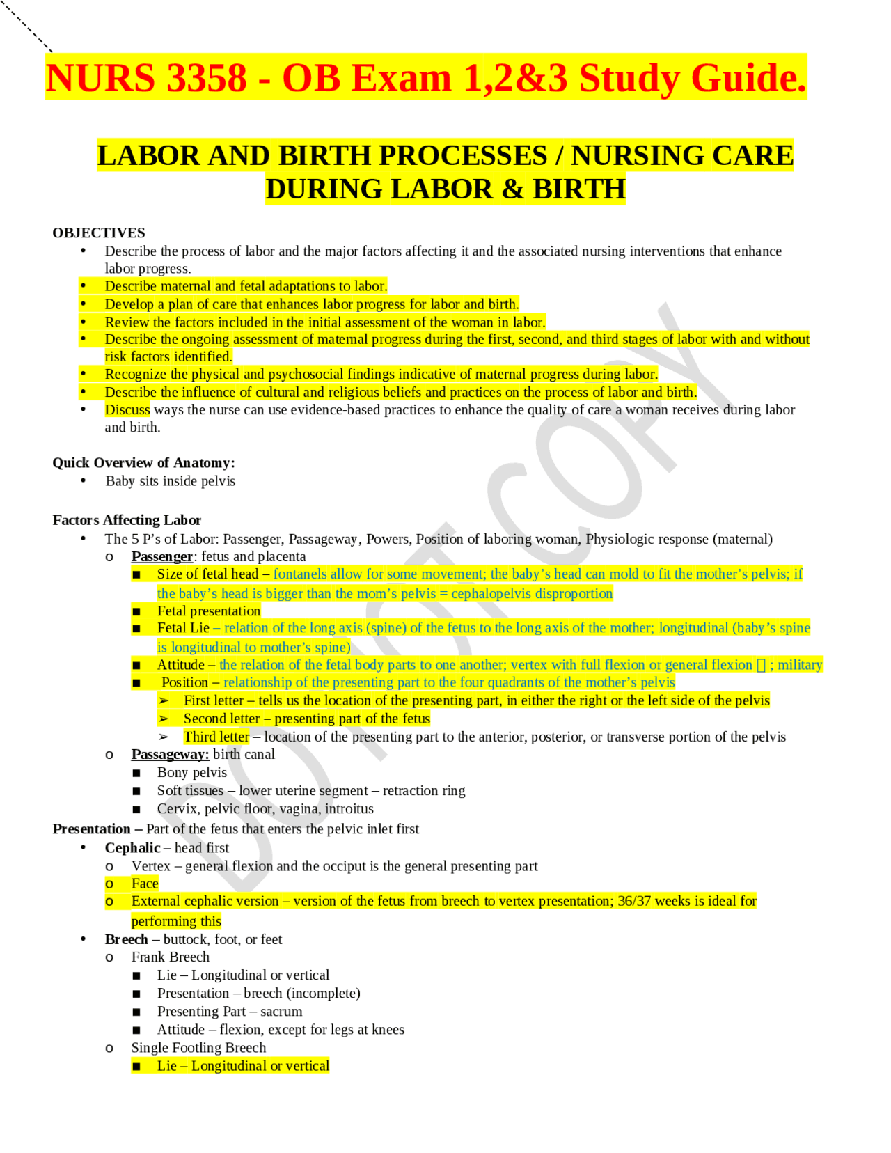 NURS 3358 - Labor & Birth Processes: Nursing Care Study Guide | Exams ...