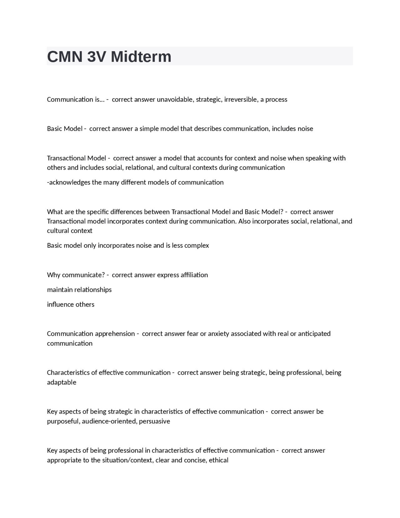 CMN 3V Midterm: Communication Concepts and Theories | Exams Nursing ...