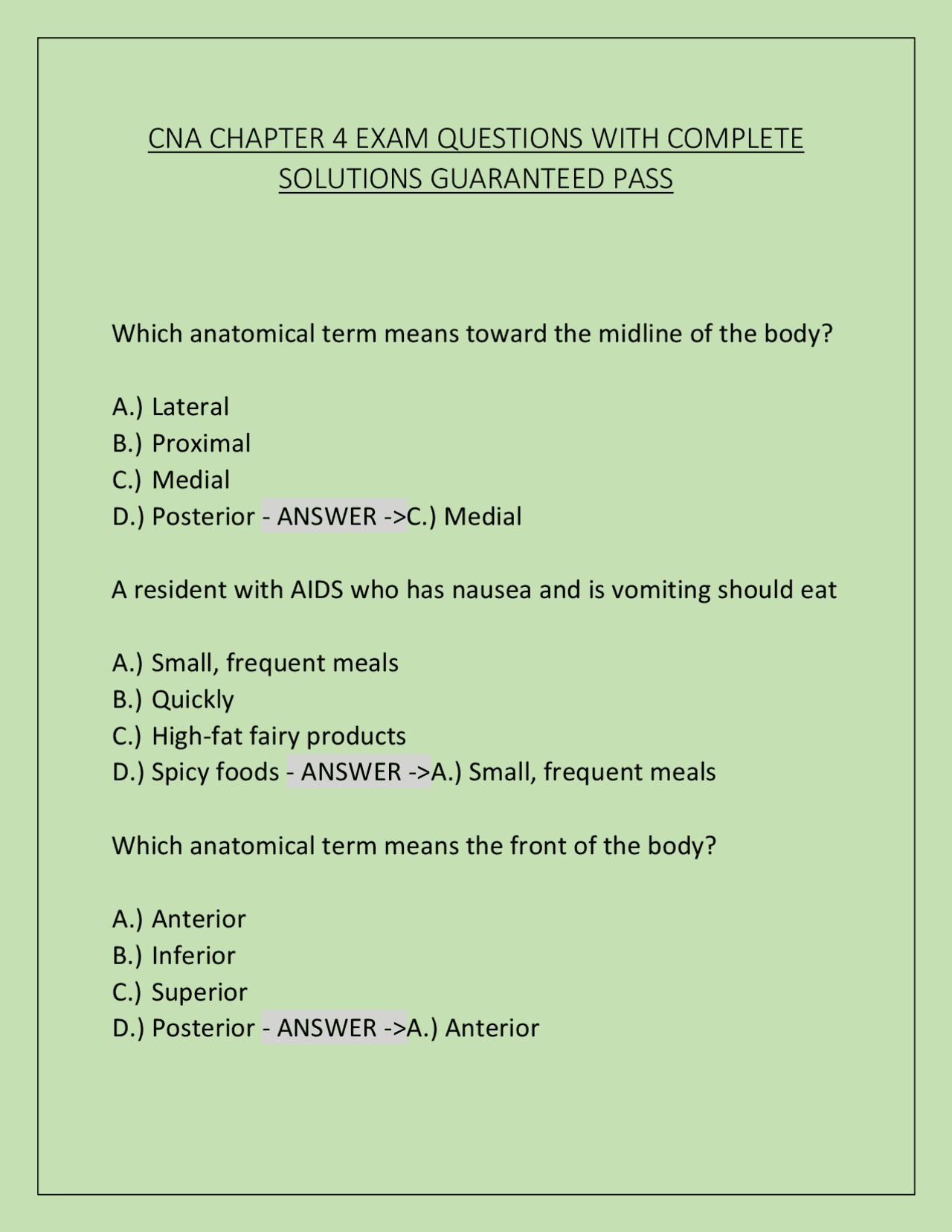 CNA CHAPTER 4 EXAM QUESTIONS WITH COMPLETE SOLUTIONS GUARANTEED PASS. | Exams Nursing | Docsity
