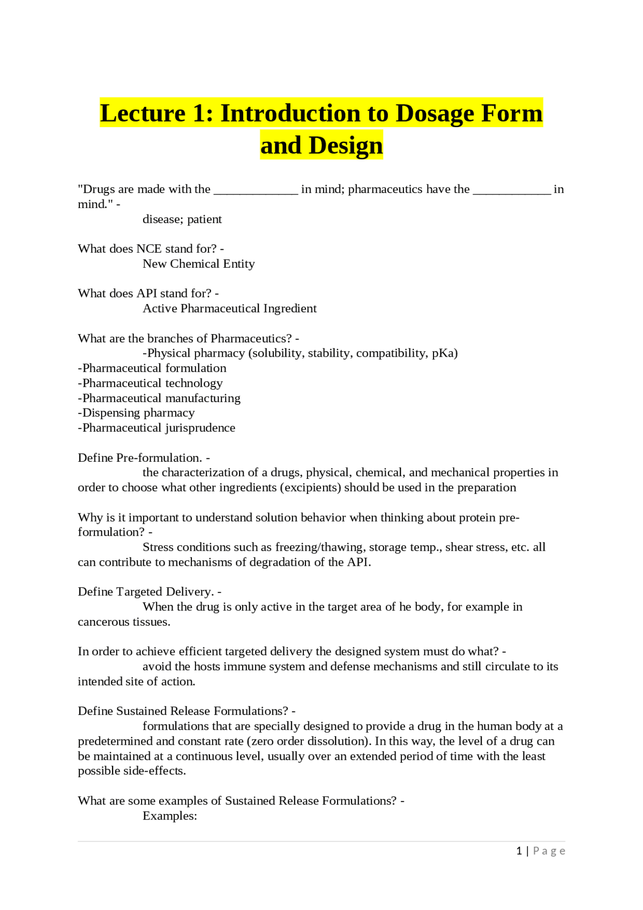 Introduction to Dosage Form and Design: Lecture Notes | Exams Nursing ...