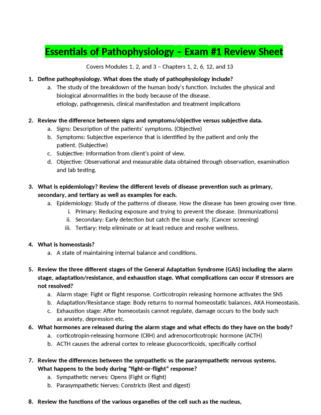 Essentials of Pathophysiology Exam #1 Review Sheet: Modules 1, 2, and 3 ...