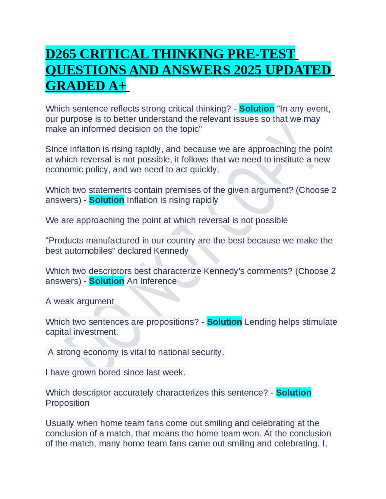D265 CRITICAL THINKING PRE-TEST QUESTIONS AND ANSWERS 2025 UPDATED ...