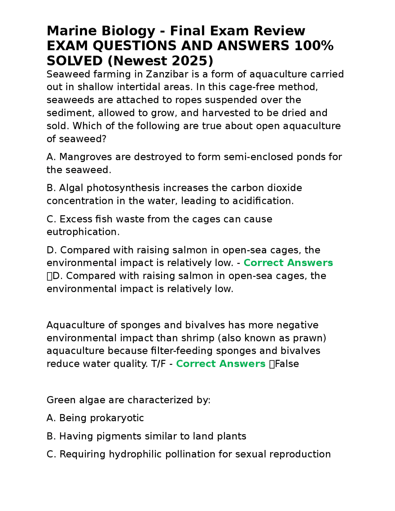 Marine Biology - Final Exam Review EXAM QUESTIONS AND ANSWERS 100% ...
