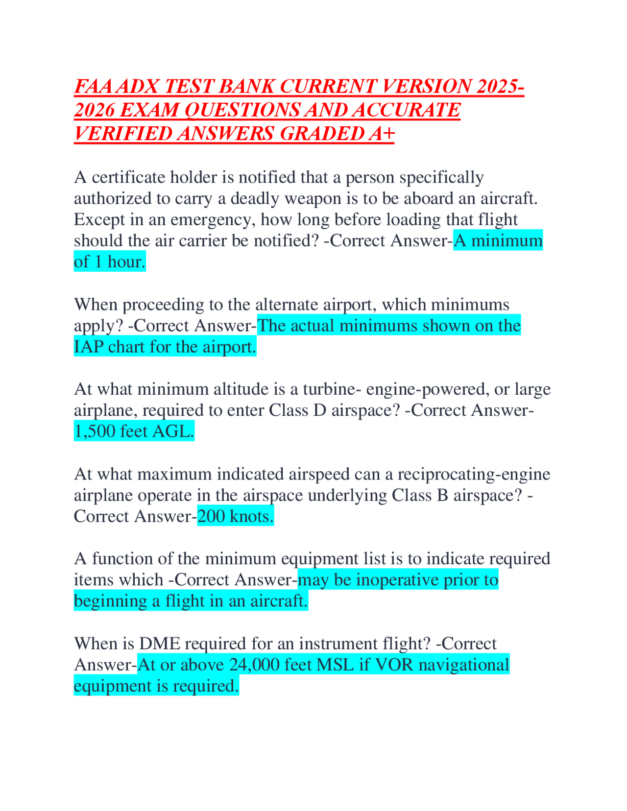 FAA ADX TEST BANK QUESTIONS AND ACCURATE VERIFIED ANSWERS.pdf | Exams ...