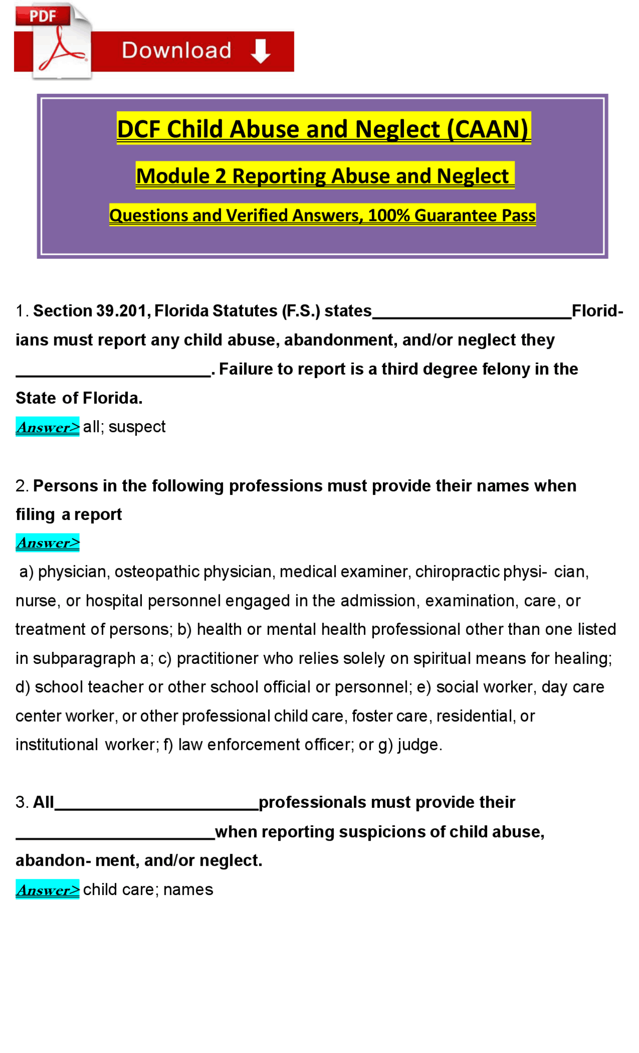 DCF Child Abuse and Neglect (CAAN) Module 2 Reporting Abuse and Neglect ...