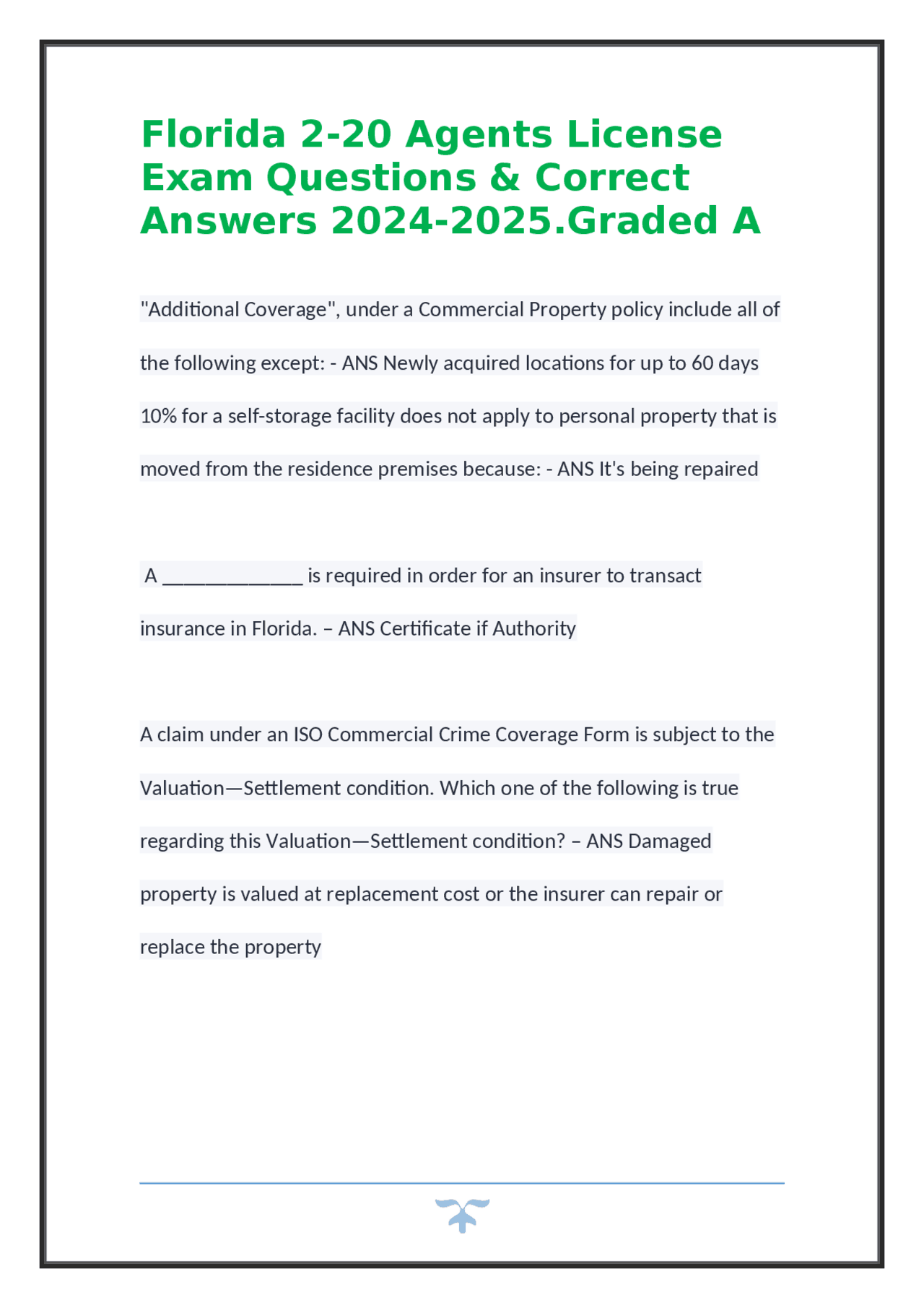 Florida 2-20 Agents License Exam Questions & Correct Answers 2024-2025 ...
