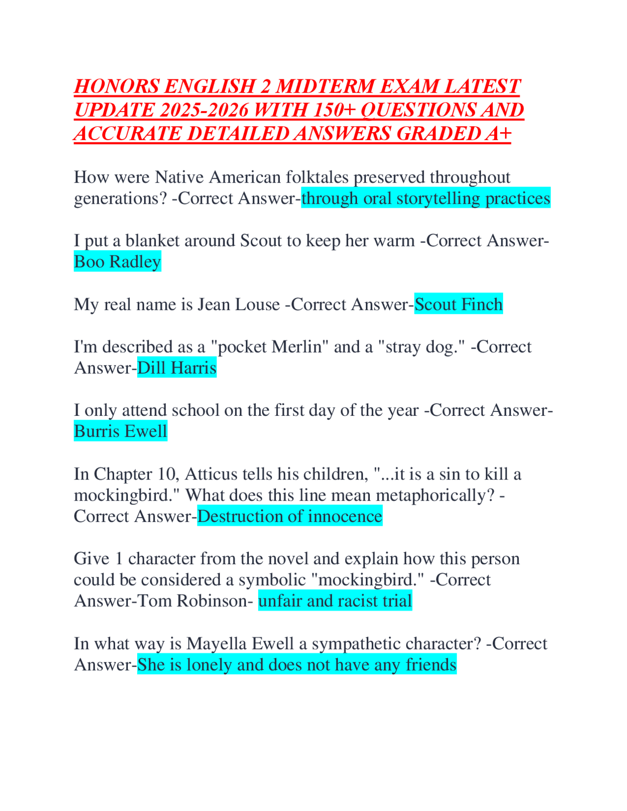 HONORS ENGLISH 2 MIDTERM EXAM: To Kill a Mockingbird and American ...