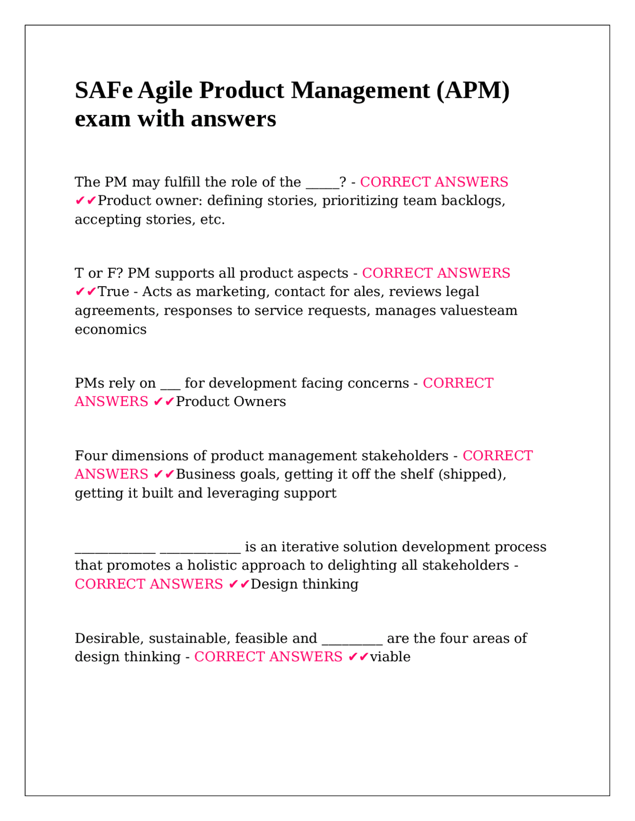 SAFe Agile Product Management (APM) Exam with Answers | Exams ...